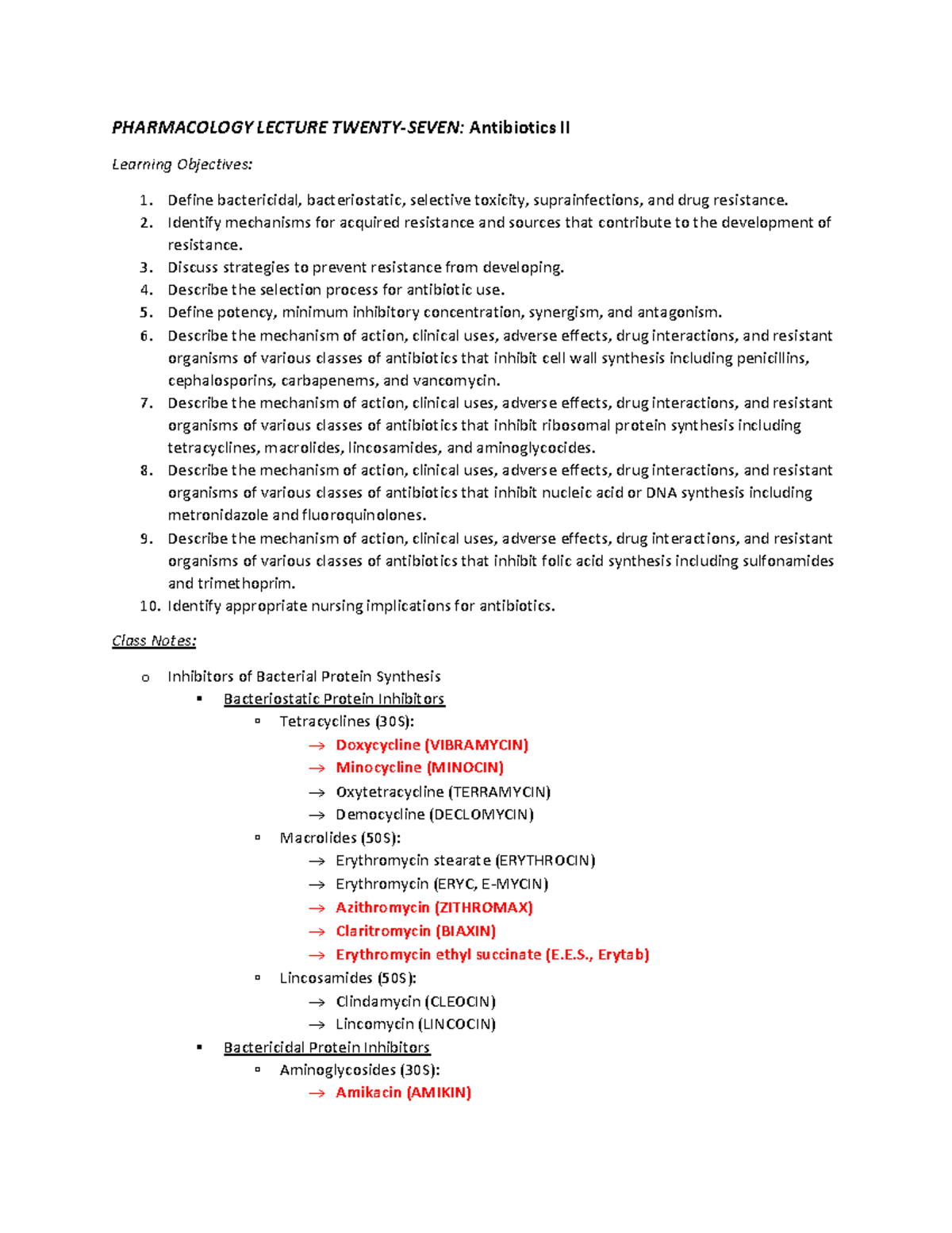 Pharm Lecture 27 - Antibiotics II - PHARMACOLOGY LECTURE TWENTY-SEVEN ...