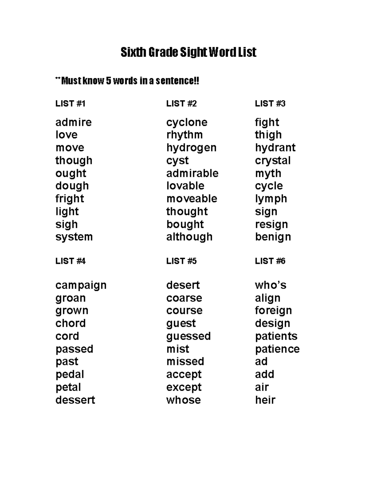 6th Sight Words - Speech - Sixth Grade Sight Word List **Must know 5 ...