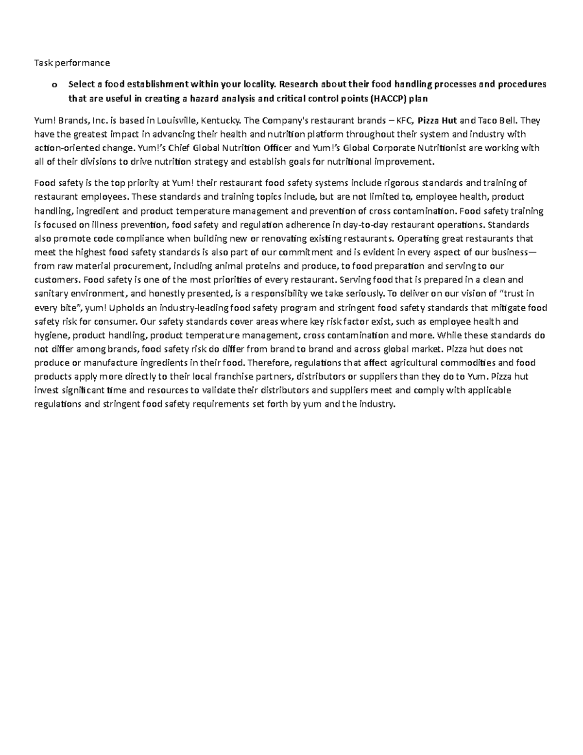 Pizza hut sanitary - Task performance o Select a food establishment ...