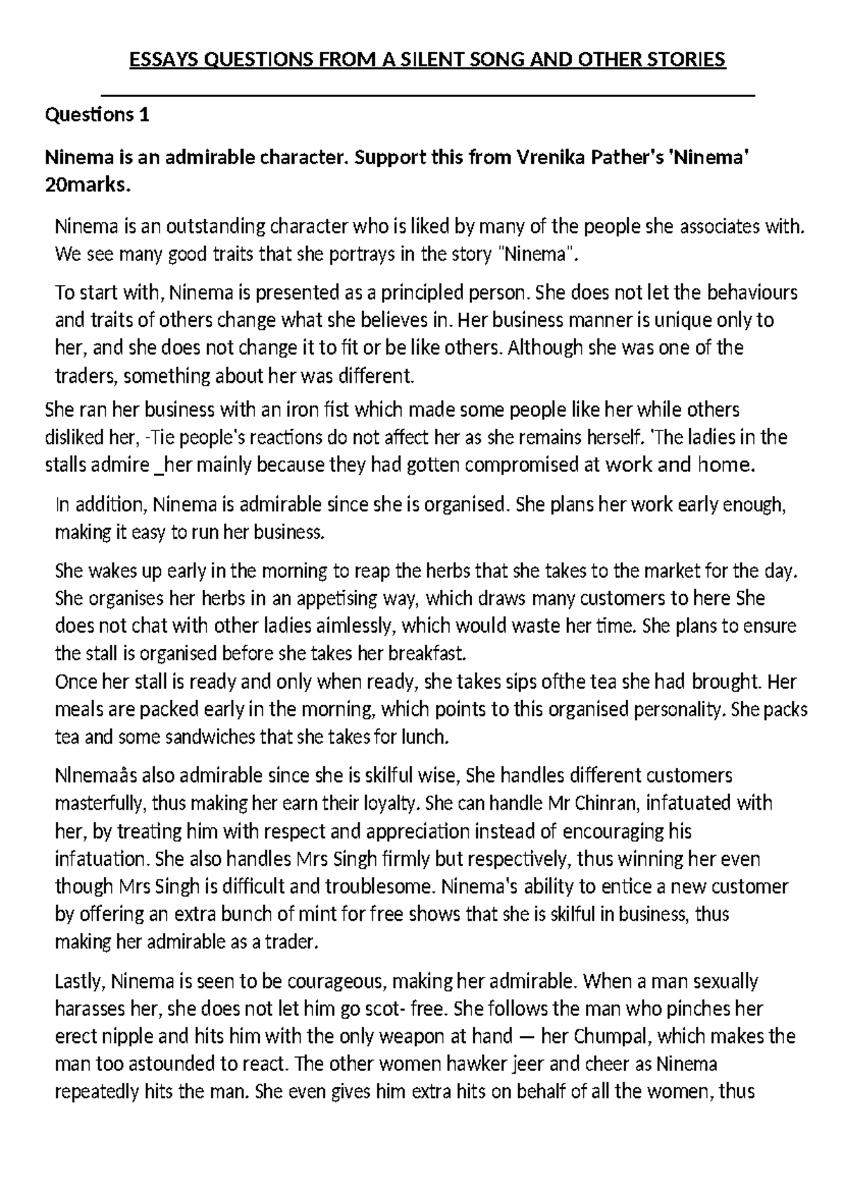 A Silent SONG- essay questions - ESSAYS QUESTIONS FROM A SILENT SONG ...