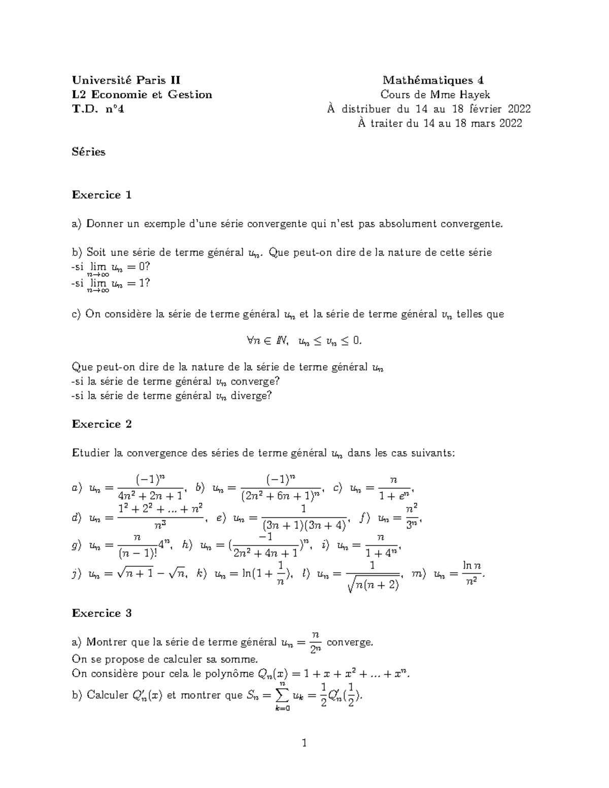 Maths 4td4 - td4 - Université Paris II Mathématiques 4 L2 Economie et Gestion Cours de Mme Hayek ...