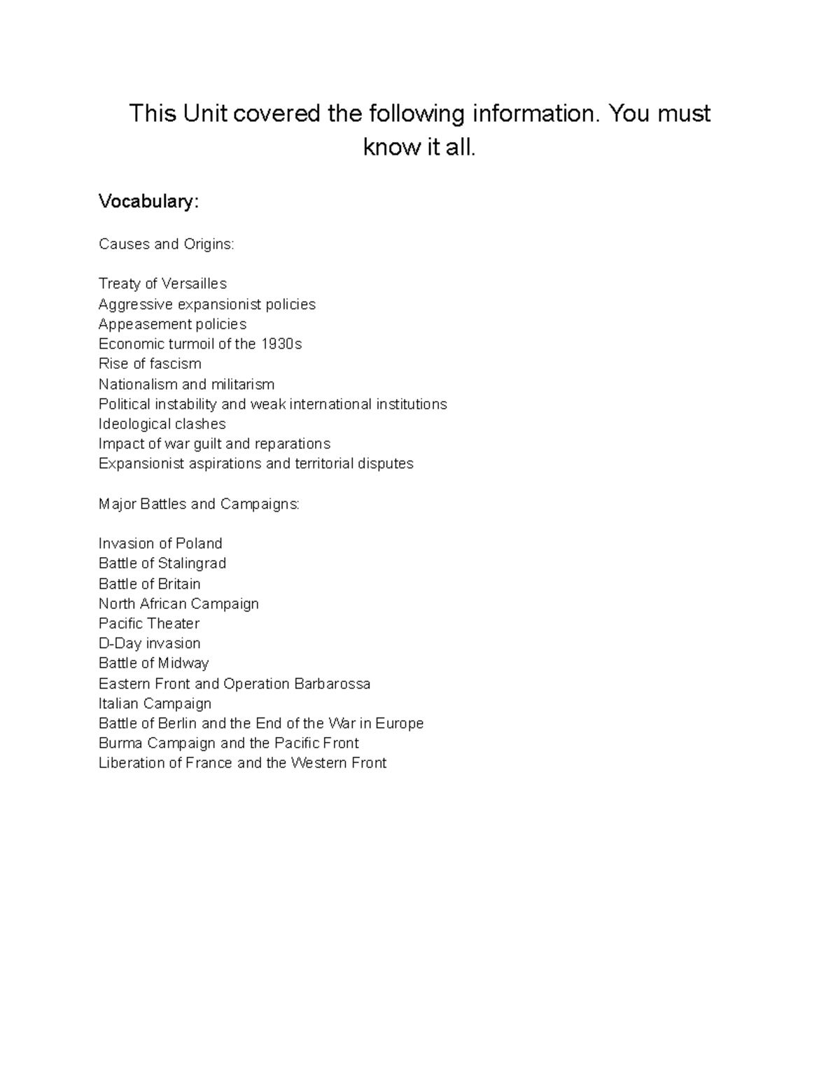 WW2 study guide - This Unit covered the following information. You must ...