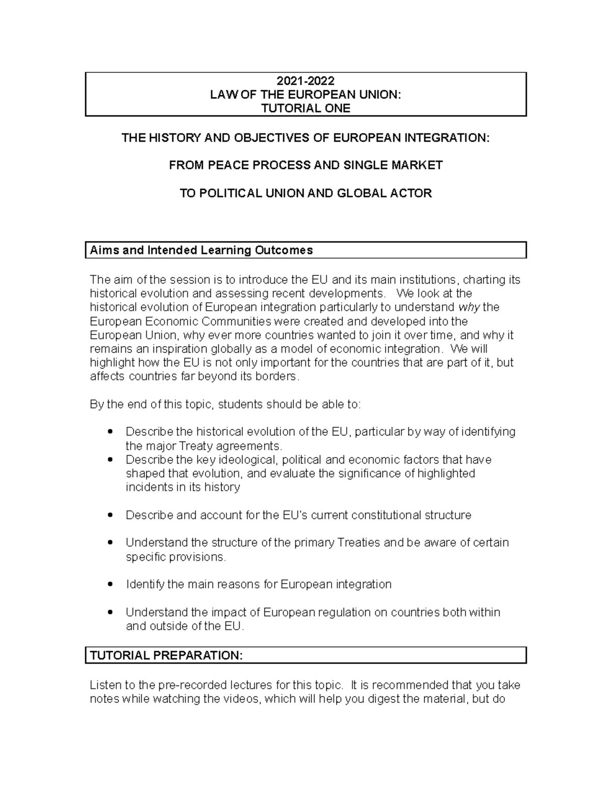 SGS1 - sgs1 - 2021- LAW OF THE EUROPEAN UNION: TUTORIAL ONE THE HISTORY ...