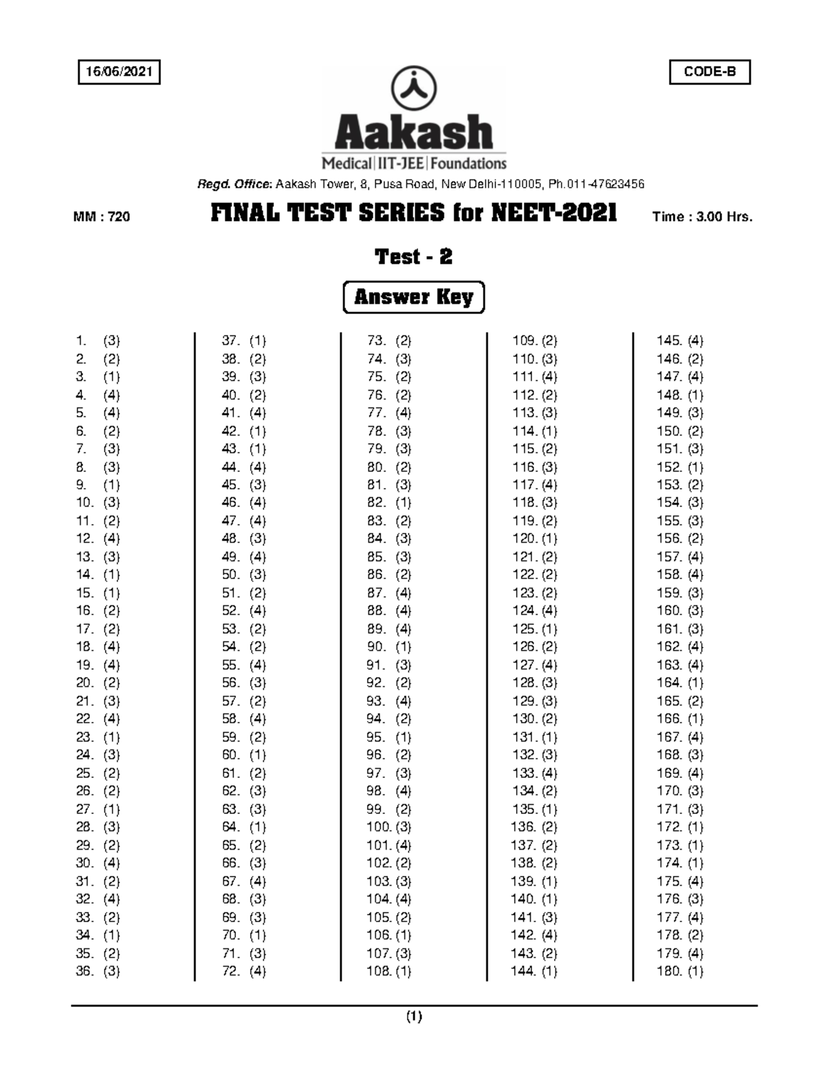 FTS-2 (Code-B) Solution 16-06-2021 Hindi - ####### 16/06/2021 CODE-B Regd. Office: Aakash Tower ...