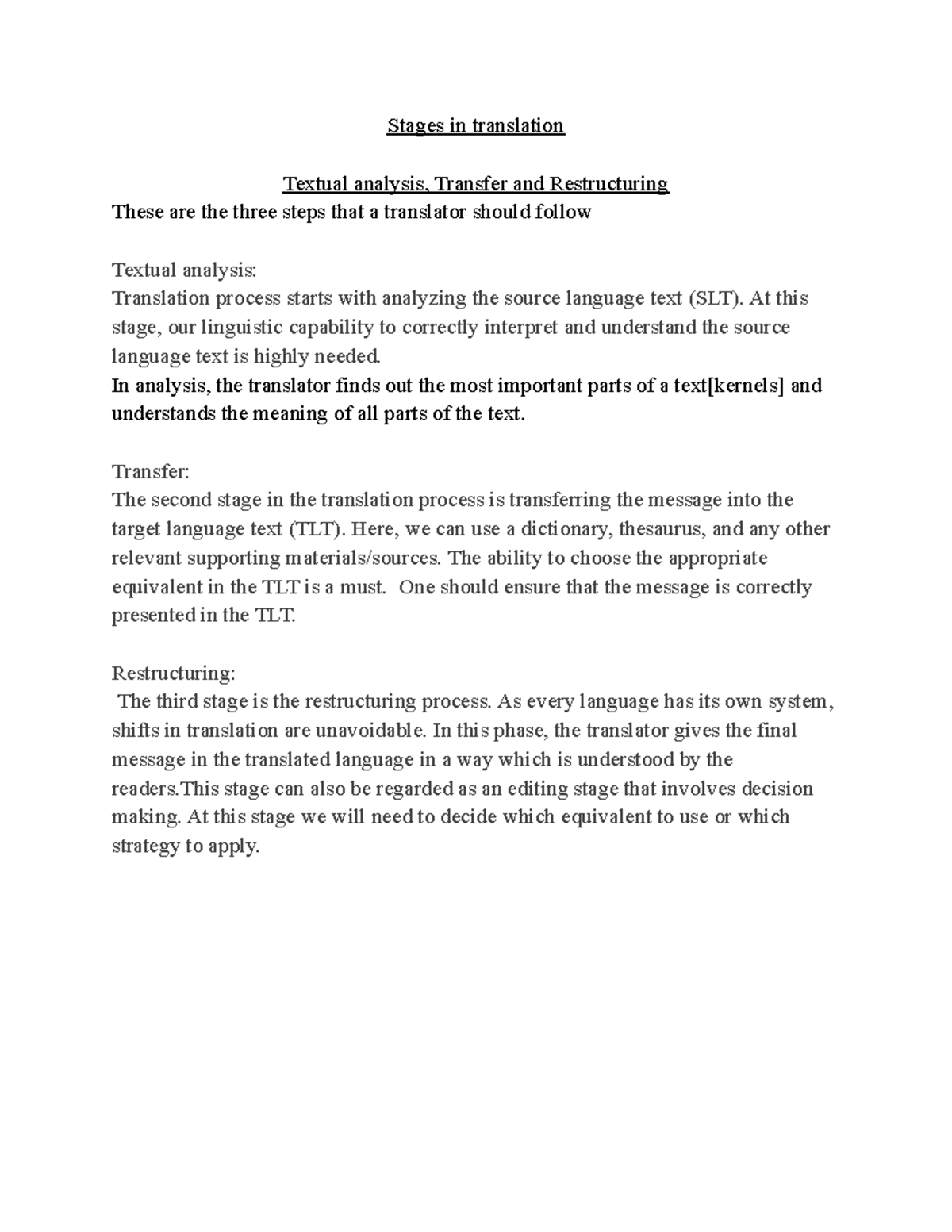 Stages in translation - Notes - Stages in translation Textual analysis ...
