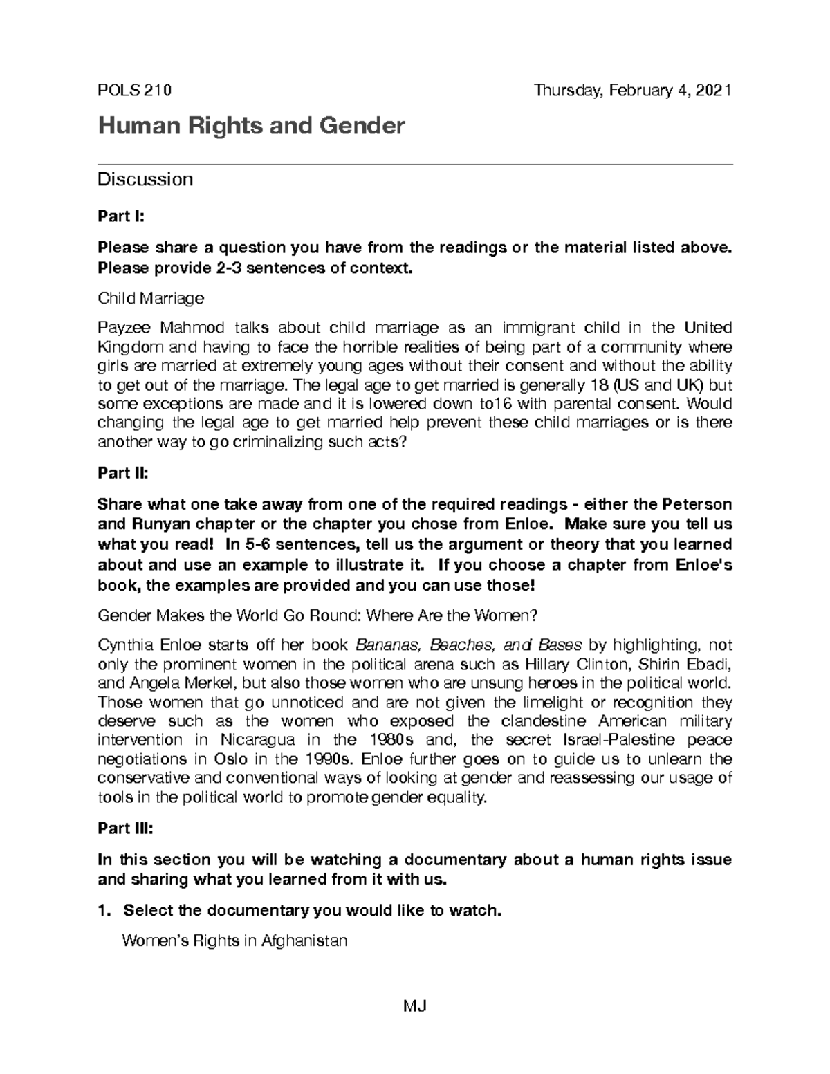 Human Rights and Gender - Discussion - POLS 210 Thursday, February 4 ...