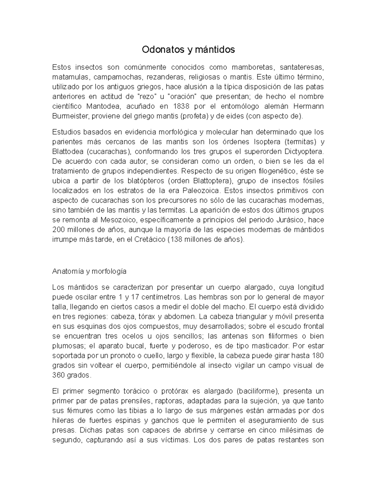 Metodología sobre mantidos - Odonatos y mántidos Estos insectos son ...