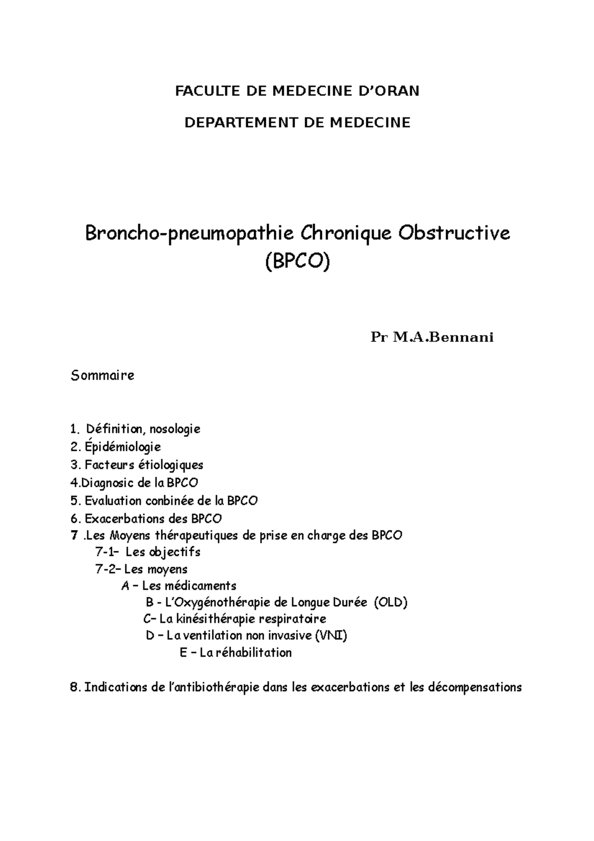BPCO cours Pr Bennani.doc 2022 - FACULTE DE MEDECINE D’ORAN DEPARTEMENT ...