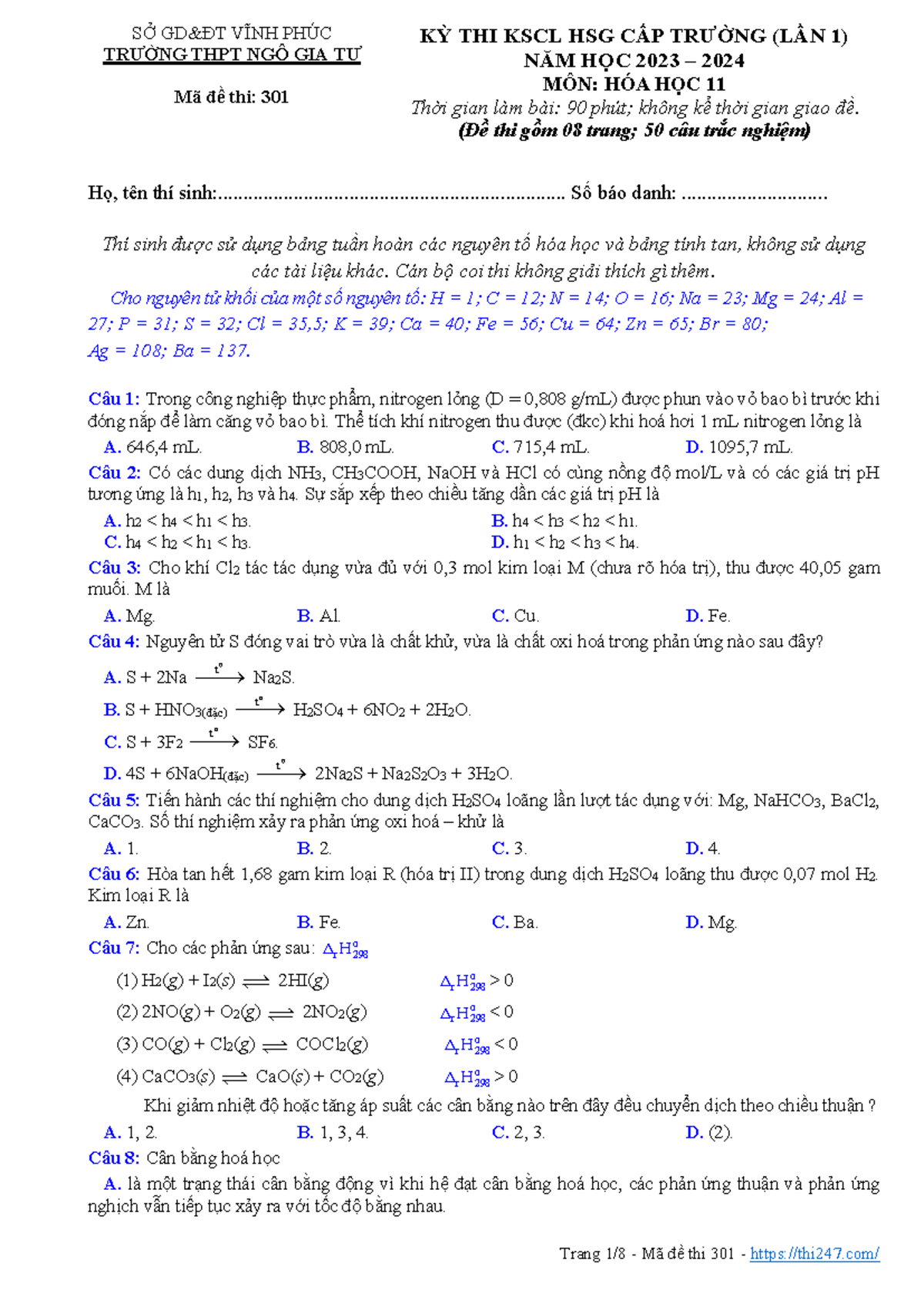 De thi hsg hoa hoc 11 lan 1 nam 2023 2024 truong thpt ngo gia tu vinh phuc - SỞ GD&ĐT VĨNH PHÚC ...
