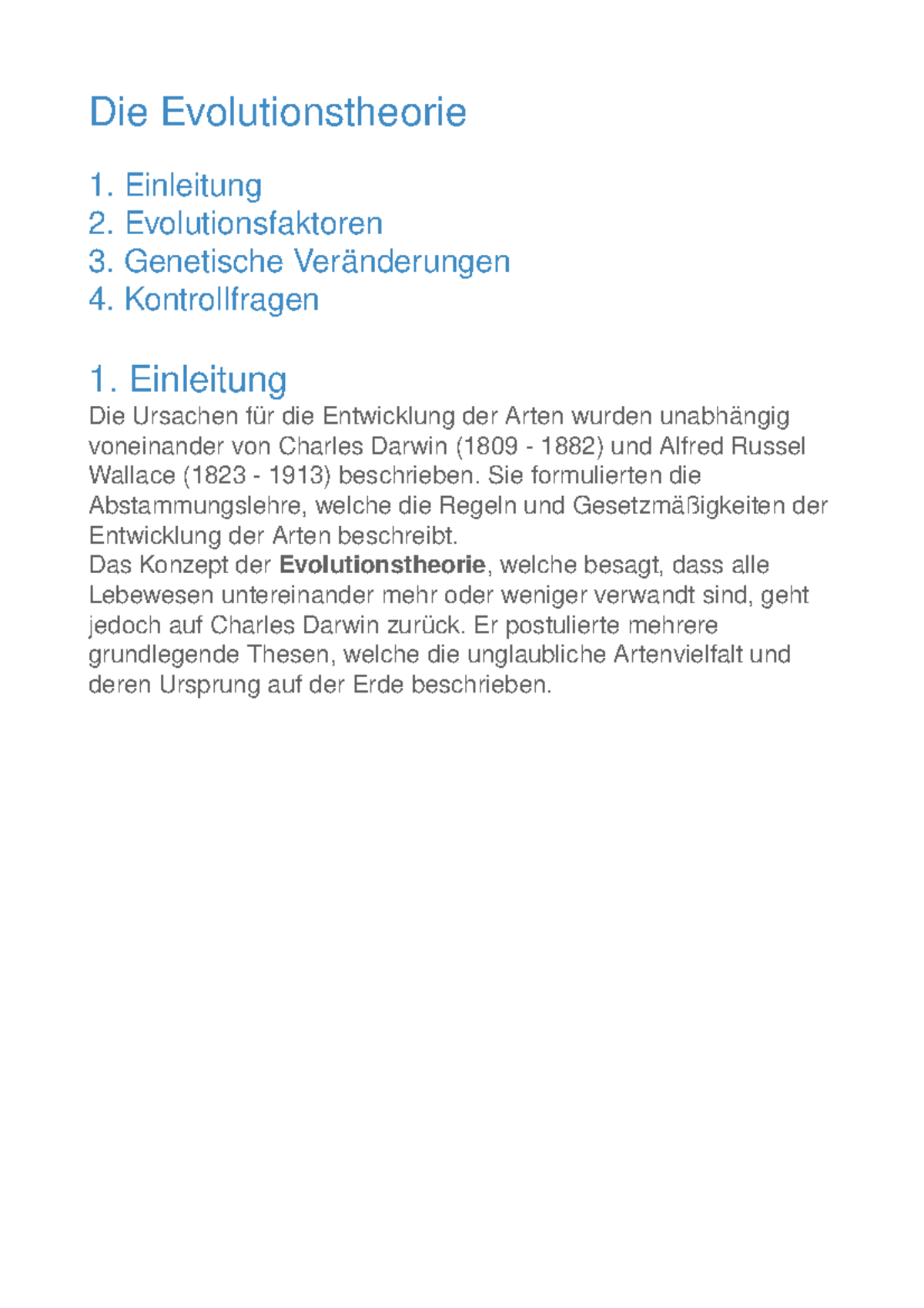 Evolutionstheorie - Einleitung 2. Evolutionsfaktoren 3. Genetische ...