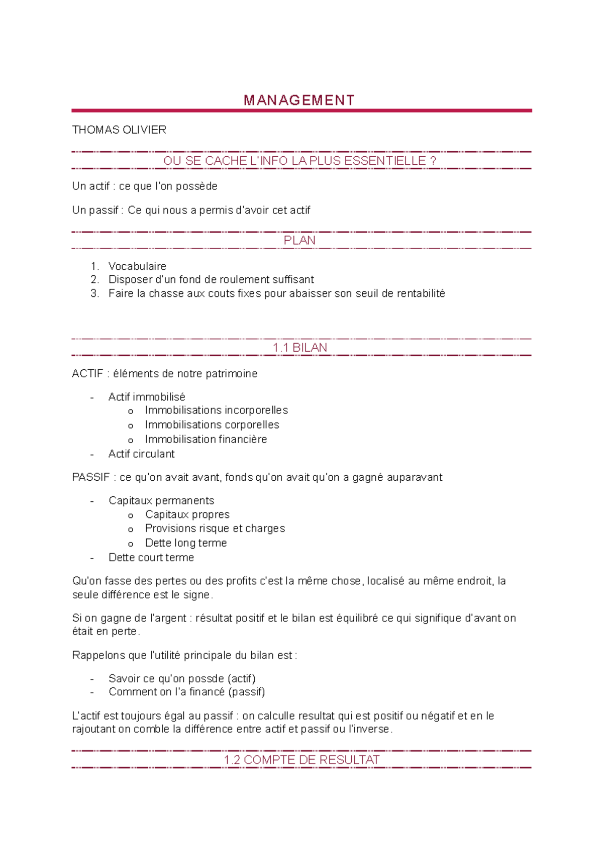 Management - Notes de cours - MANAGEMENT THOMAS OLIVIER OU SE CACHE L ...