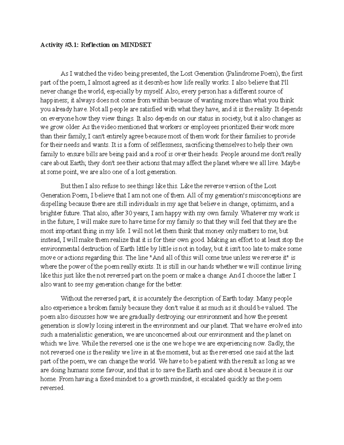 Mindset Works Reflection Chart