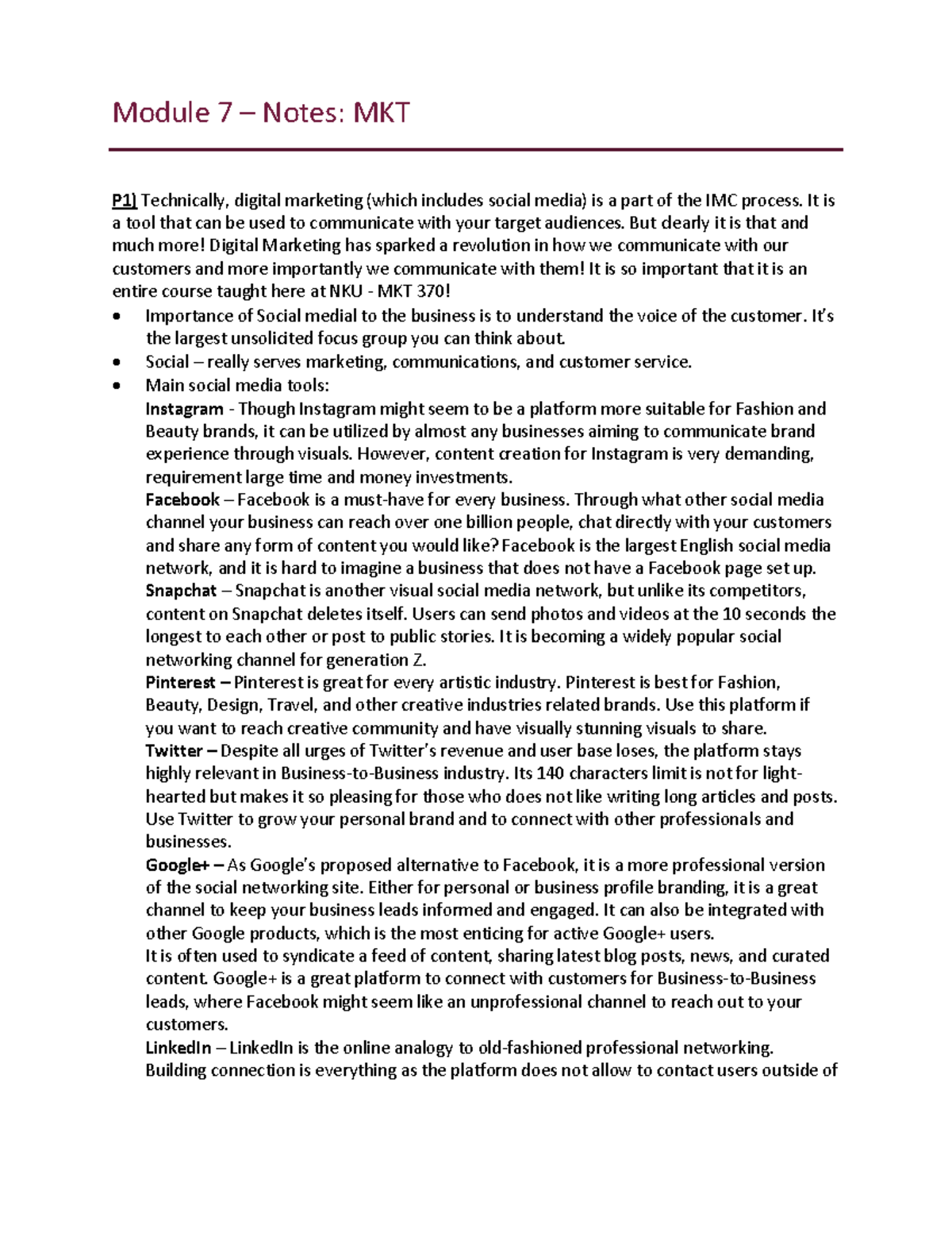 Module 7_Social Media Analytics_Measurements - Module 7 – Notes: MKT P1 ...
