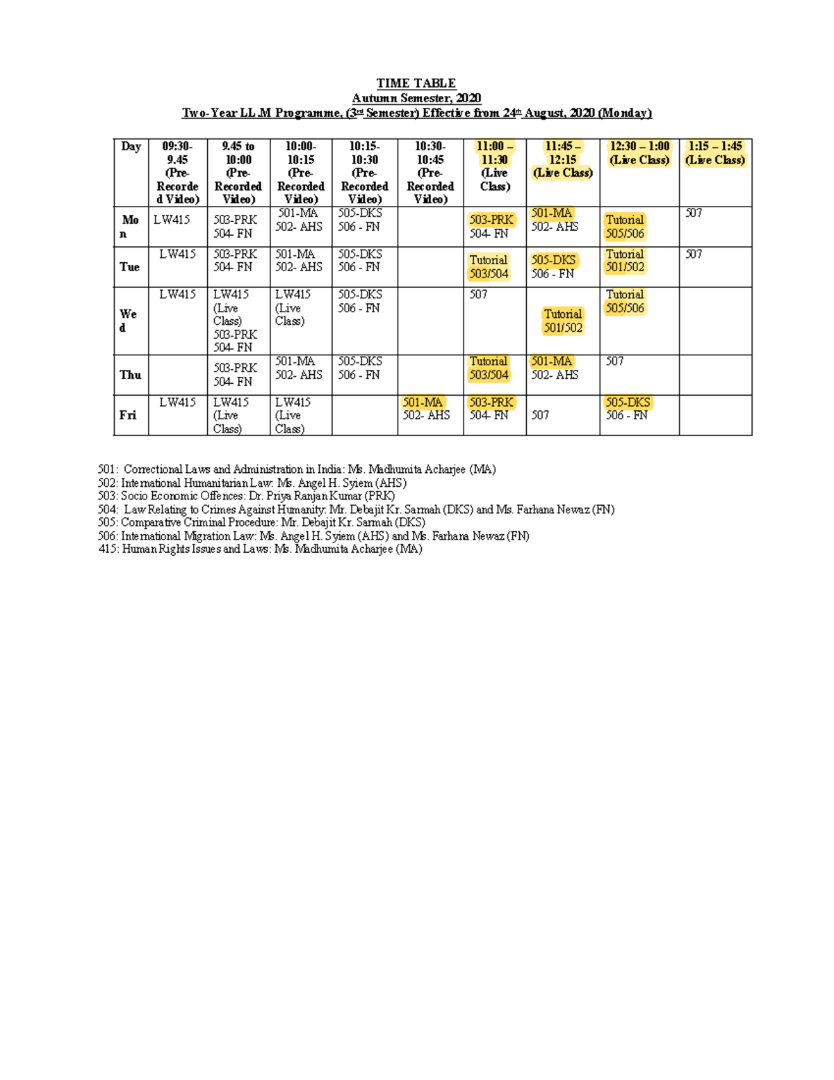 Time Table 3rd Sem - TIME TABLE Autumn Semester, 2020 Two-Year LL ...