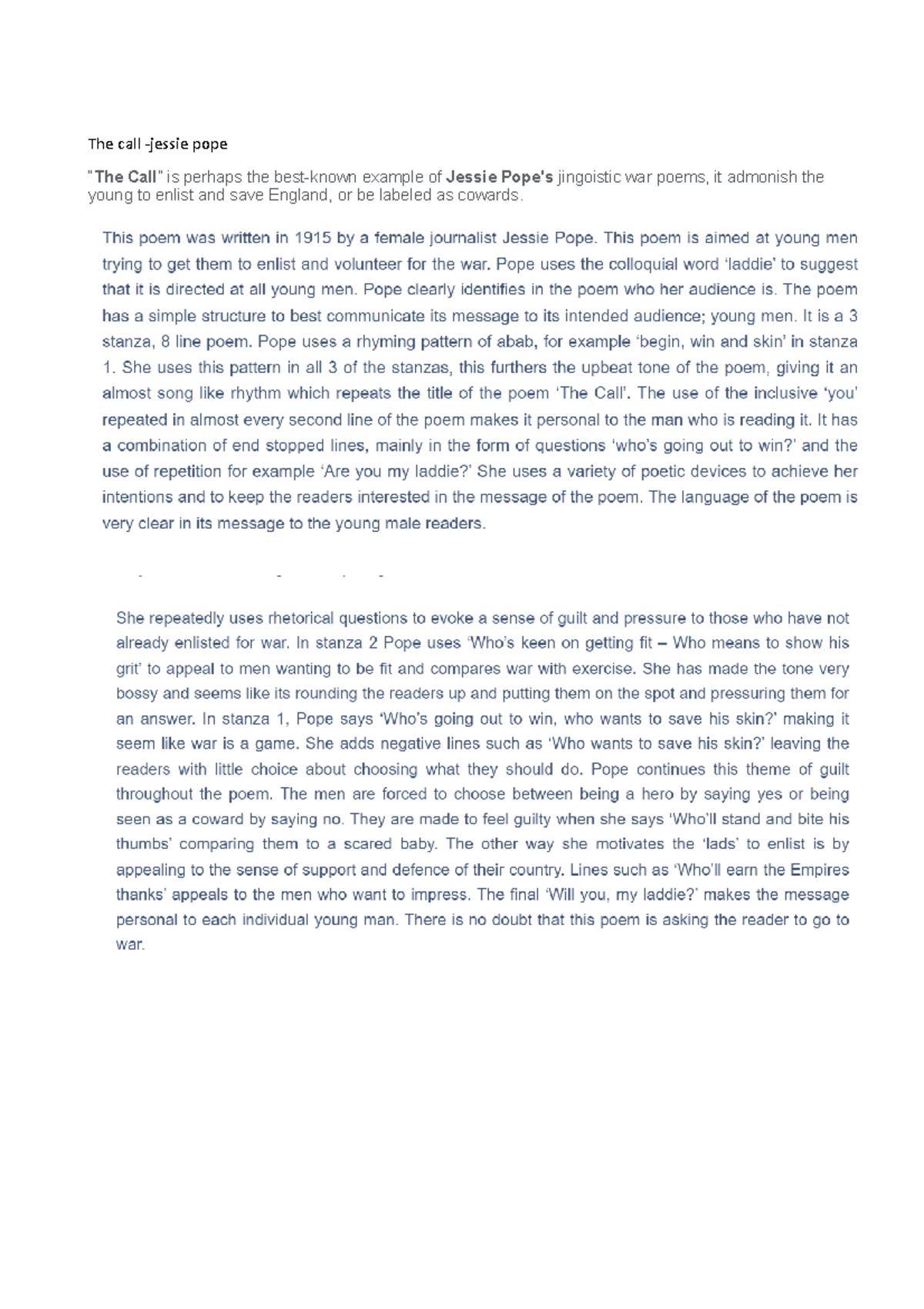 The call - the call - The call -jessie pope “The Call” is perhaps the ...