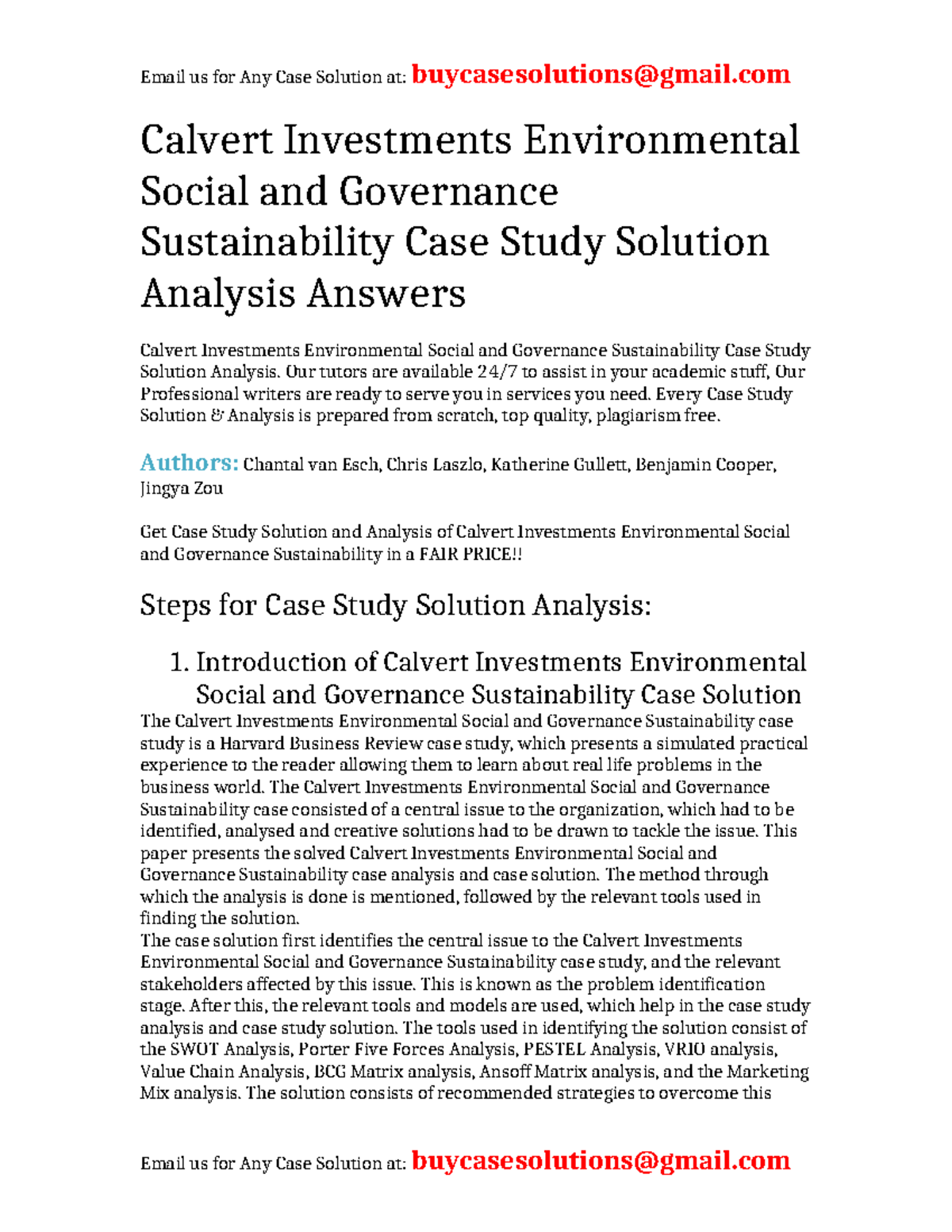 Case Solution Calvert Investments Environmental Social and Governance Sustainability - Calvert ...