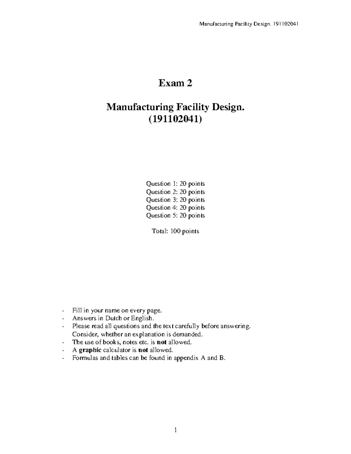 2-MFD-exam - Examen 2 MFD - Exam 2 Manufacturing Facility Design ...