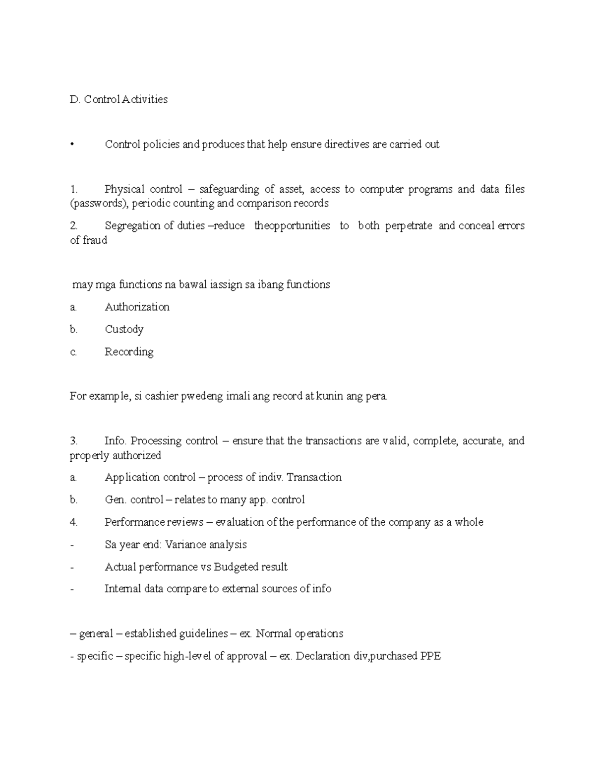 Internal control - D. Control Activities Control policies and produces ...