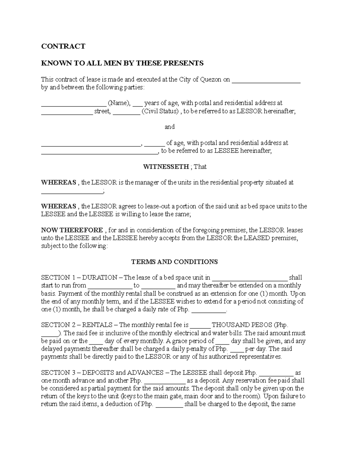 Bedspacer lease contract - CONTRACT KNOWN TO ALL MEN BY THESE PRESENTS ...