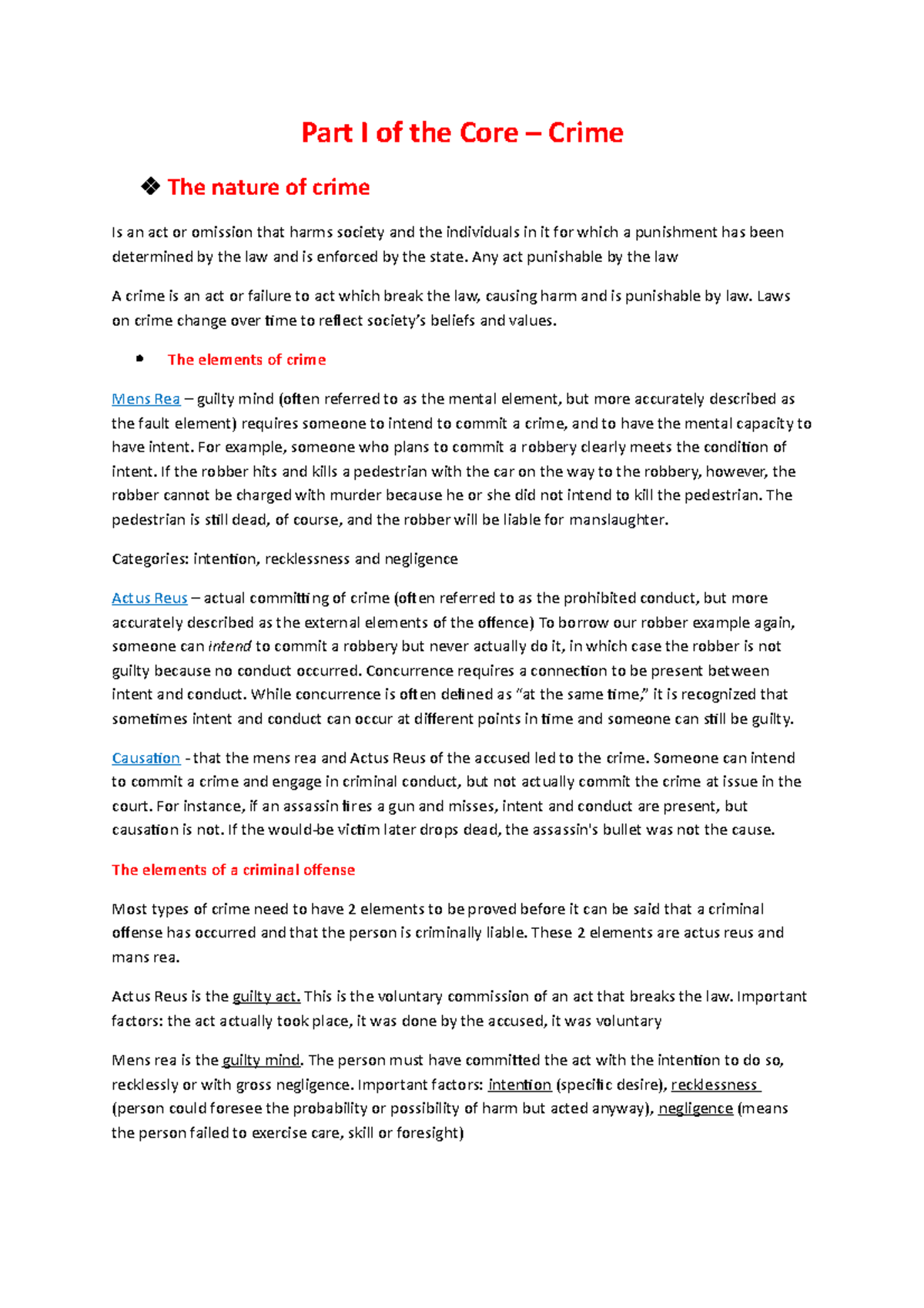 Highly Detailed Crime Notes for laws1021 - Part I of the Core – Crime ...