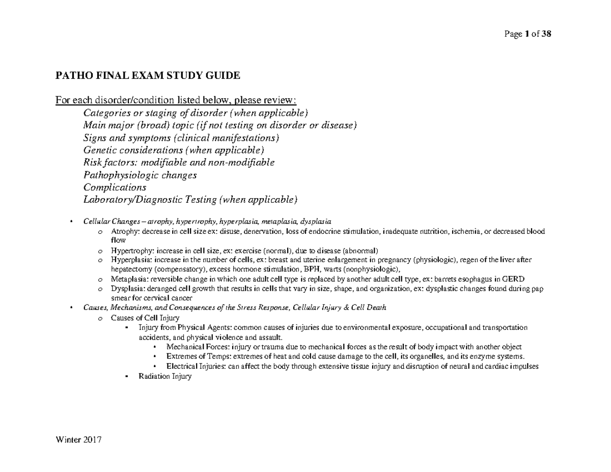 Pathology Final EXAM Study Guide - PATHO FINAL EXAM STUDY GUIDE For ...