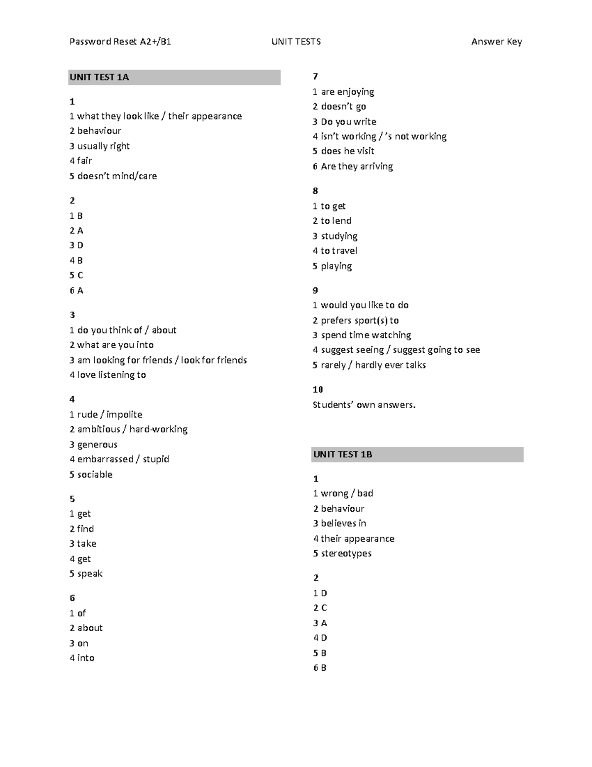 Password Reset A2+ B1 UT Answer Key - UNIT TEST 1A 1 1 what they look ...
