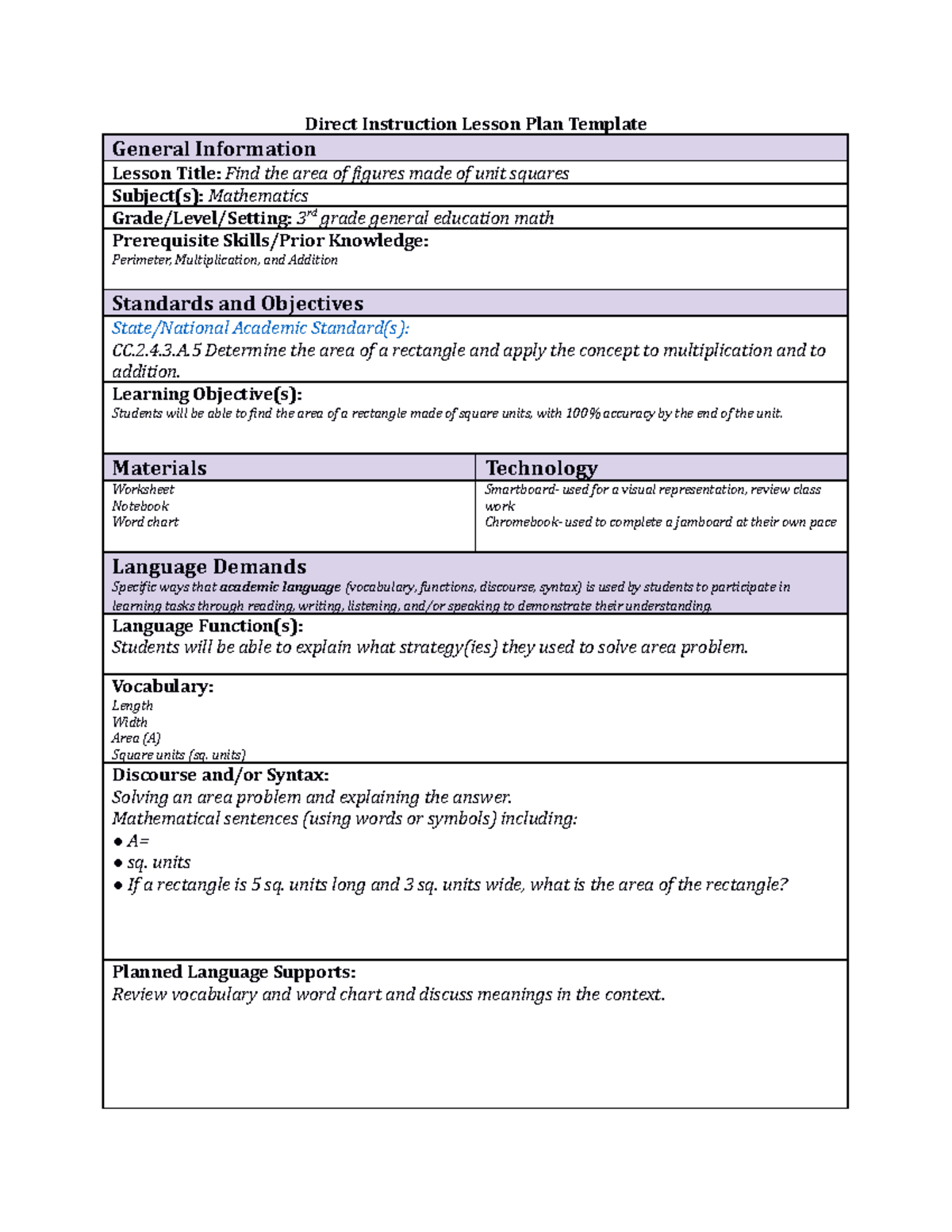 Task 1 lession plan revised - Direct Instruction Lesson Plan Template ...