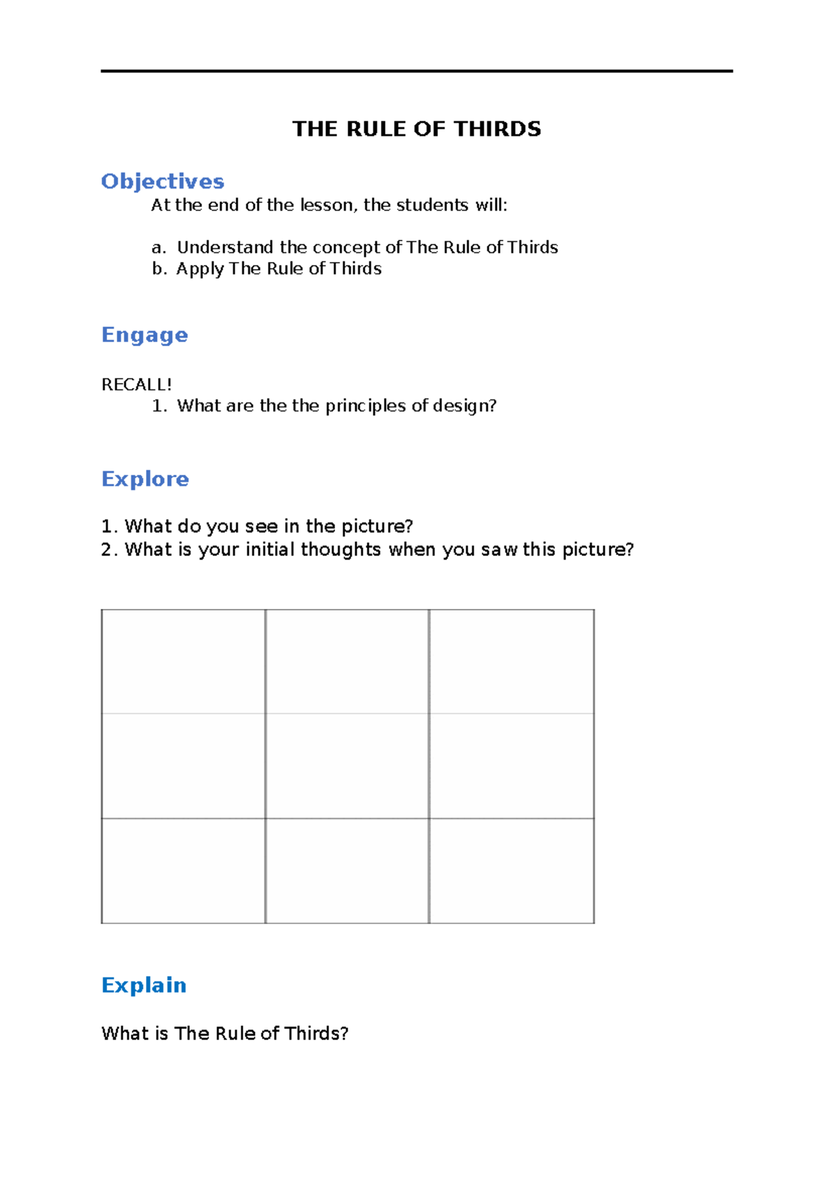 RULE OF Thirds Handout - THE RULE OF THIRDS Objectives At the end of ...