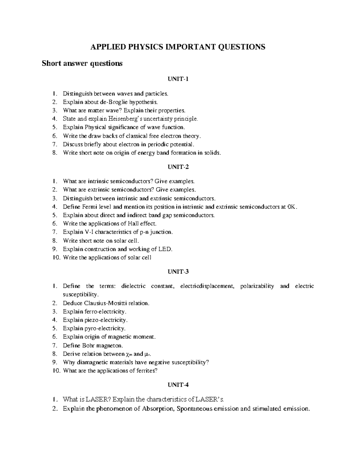 Applied Physics - notes - APPLIED PHYSICS IMPORTANT QUESTIONS Short ...