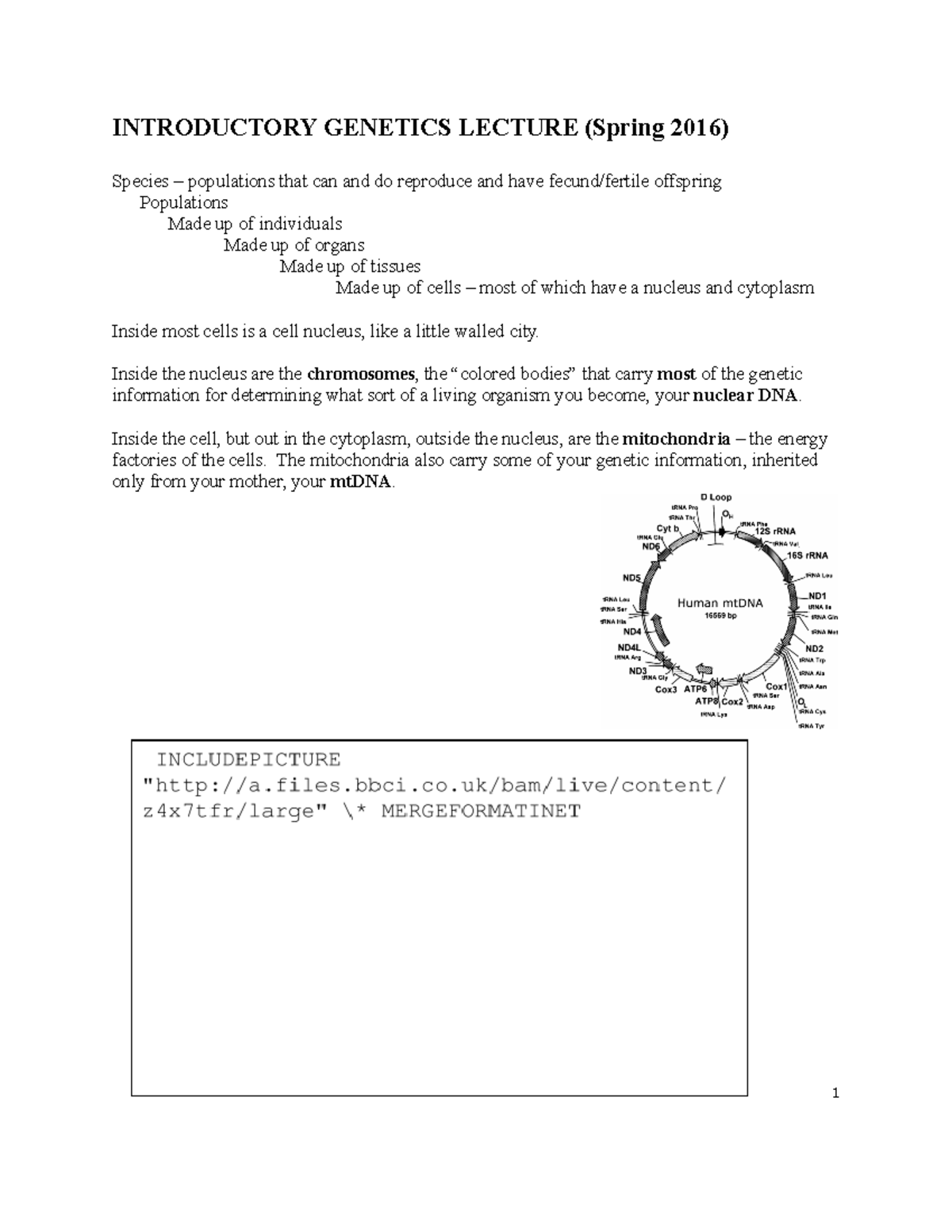 Spring 2017 BISC 207 - genetics notes - INTRODUCTORY GENETICS LECTURE ...