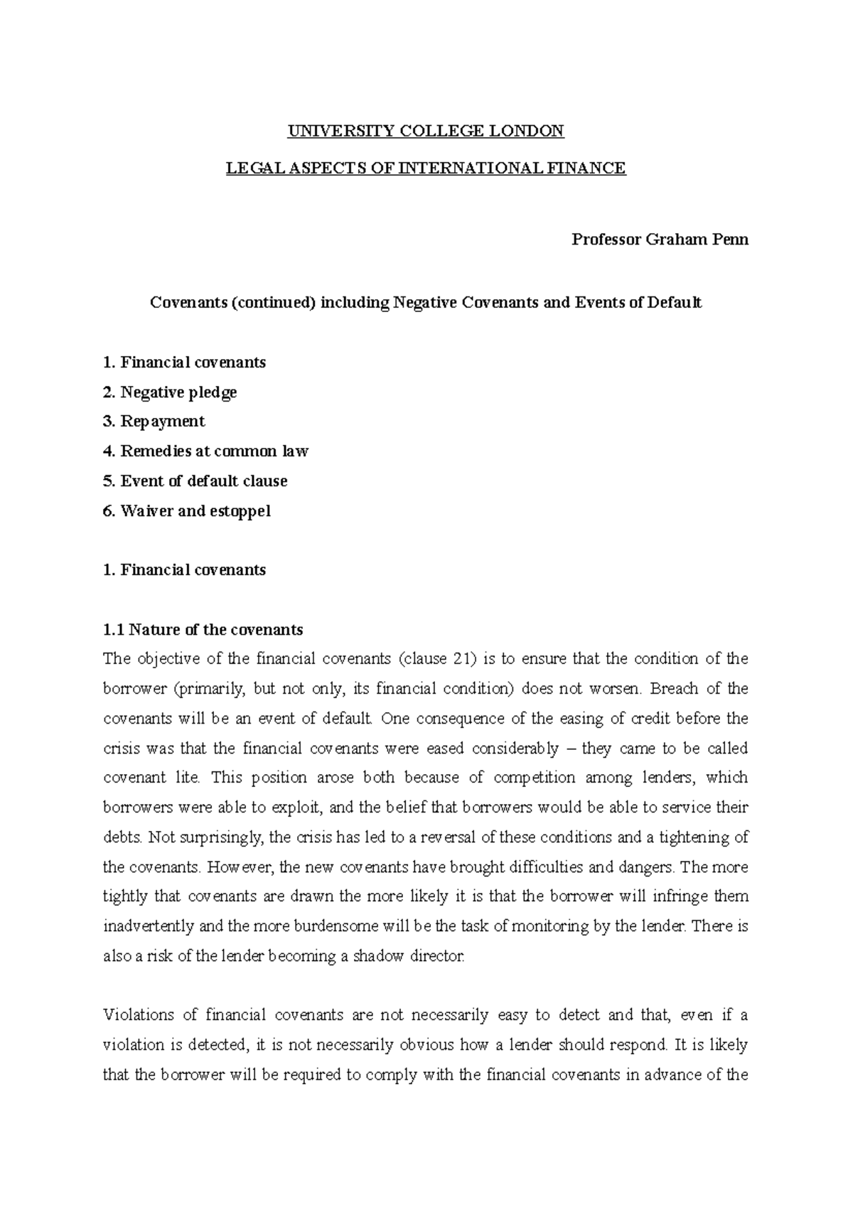 5. Covenants (continued) including Negative Covenants and Events of ...