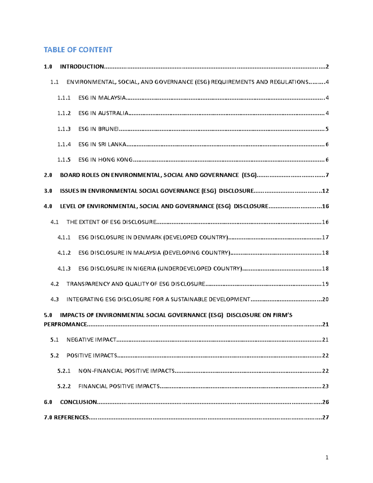 Environmental social and governance repo - TABLE OF CONTENT 1 - Studocu