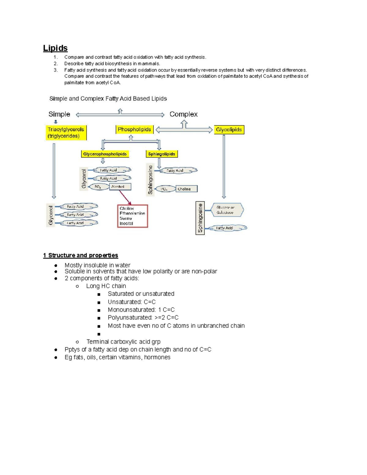 Lipids - year 1 biochemistry - Lipids Compare and contrast fatty acid ...