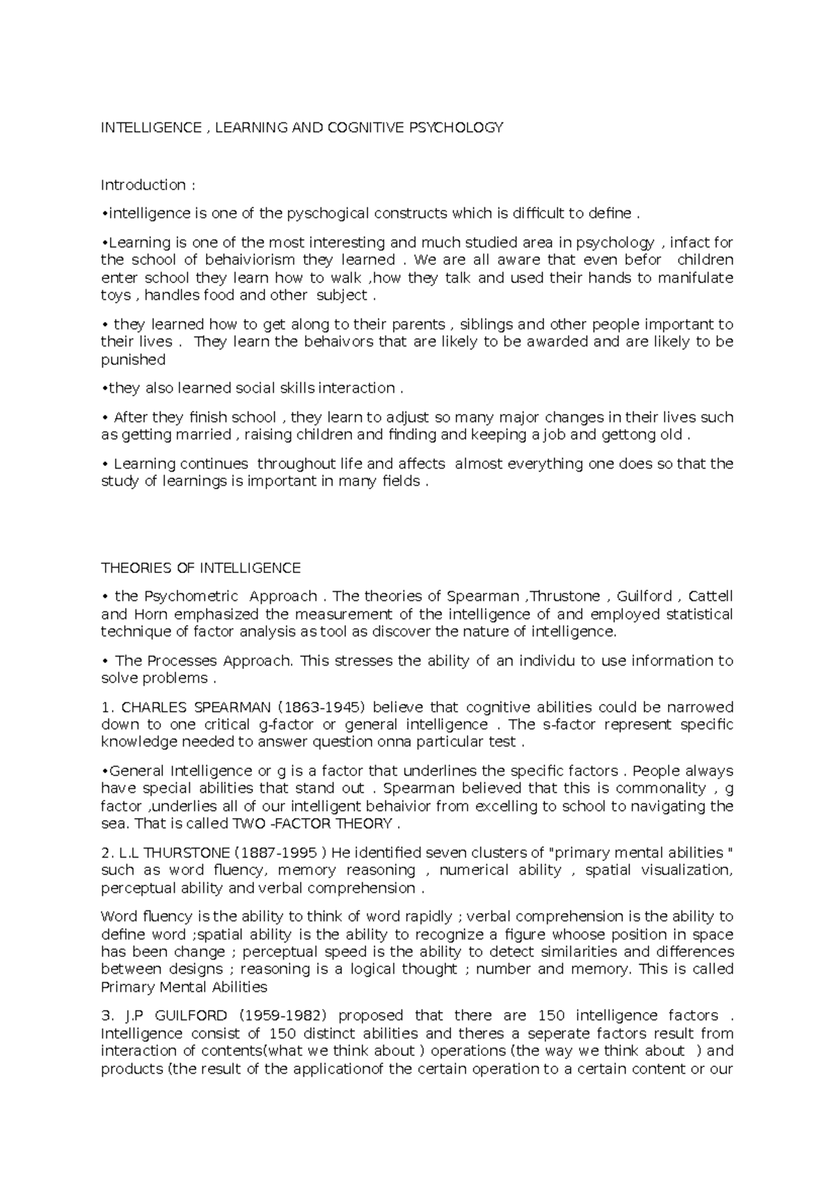 Psychology - Lecture notes 1 - INTELLIGENCE , LEARNING AND COGNITIVE ...