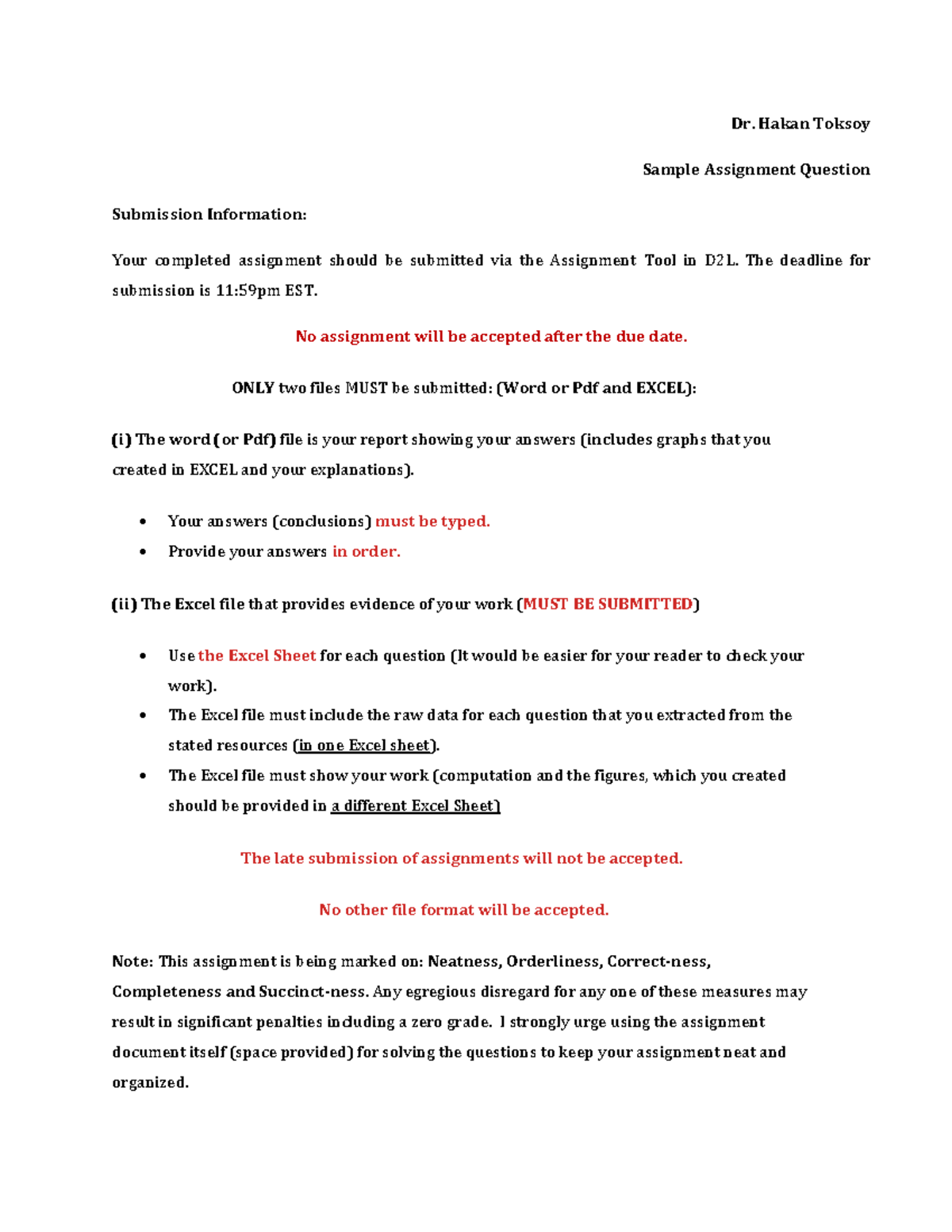 Assignment 1 - questions - Dr. Hakan Toksoy Sample Assignment Question ...