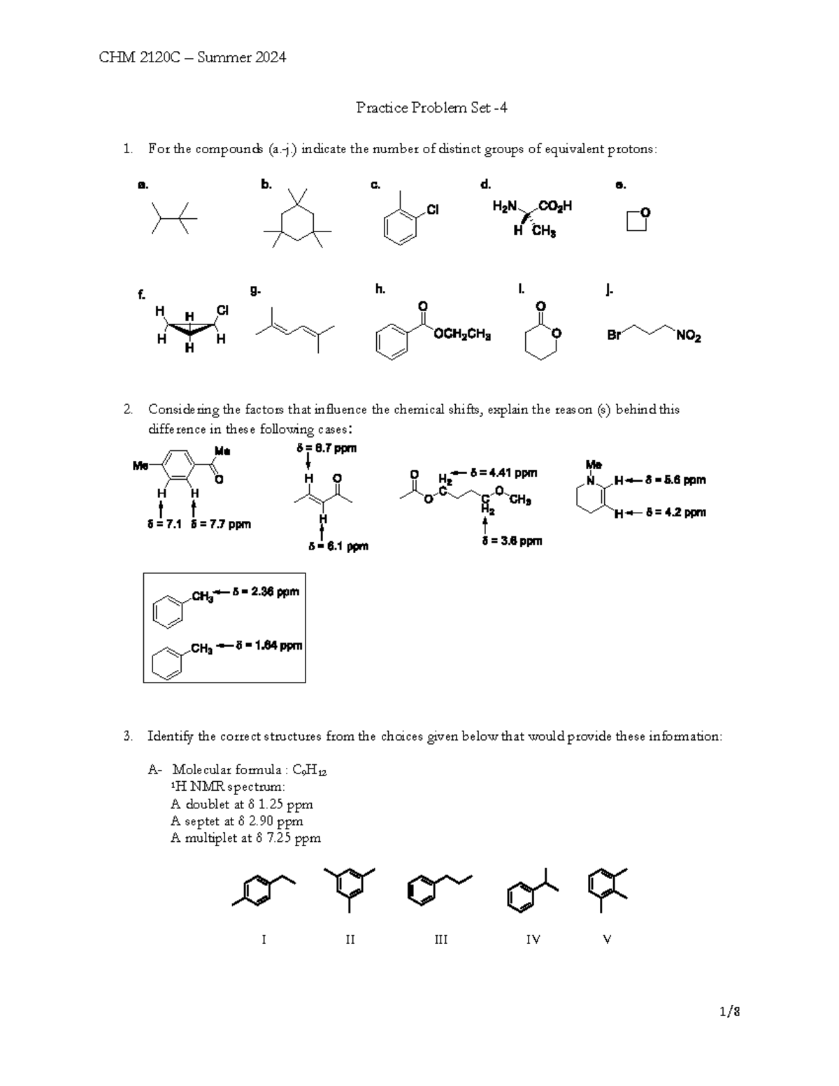 Pb set-4 - problem set 4: NMR spectroscopy - For the compounds (a.-j.) indicate the number of ...