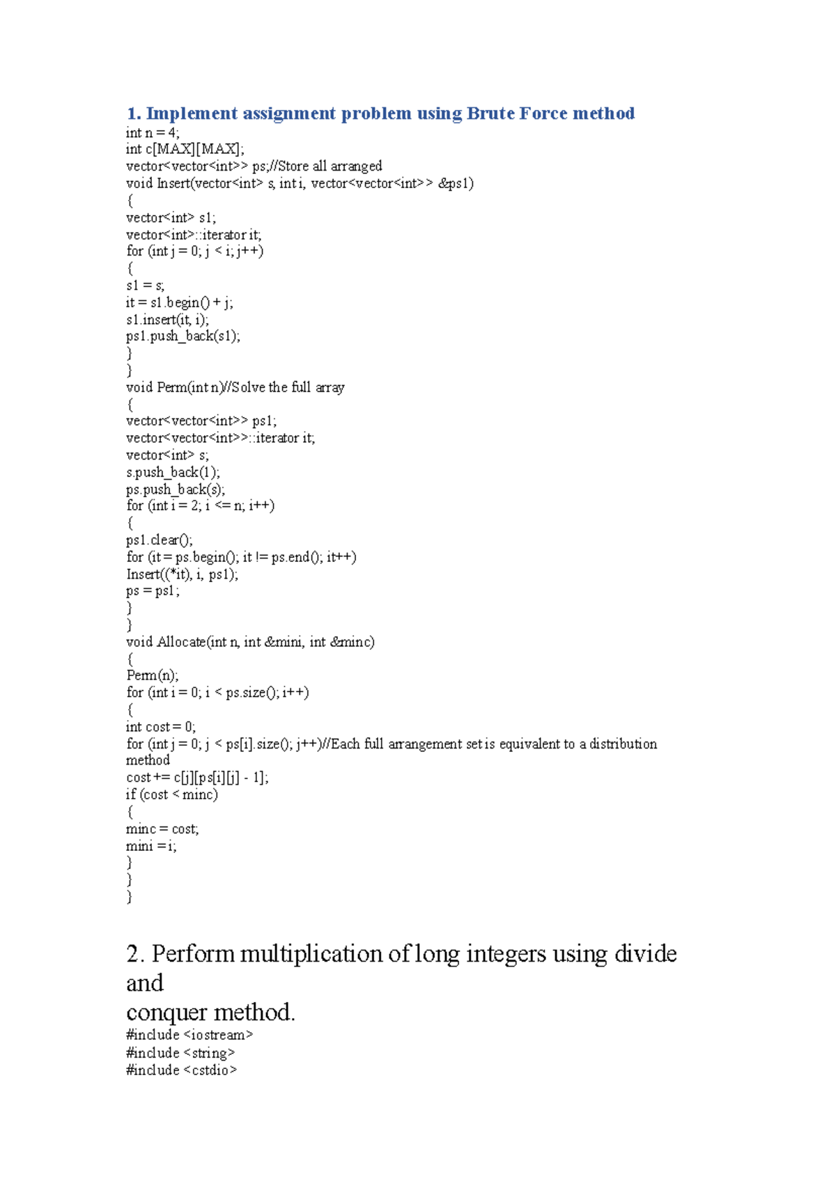 AA LAB Manual 2 SEM - not applicable - 1. Implement assignment problem using Brute Force method ...
