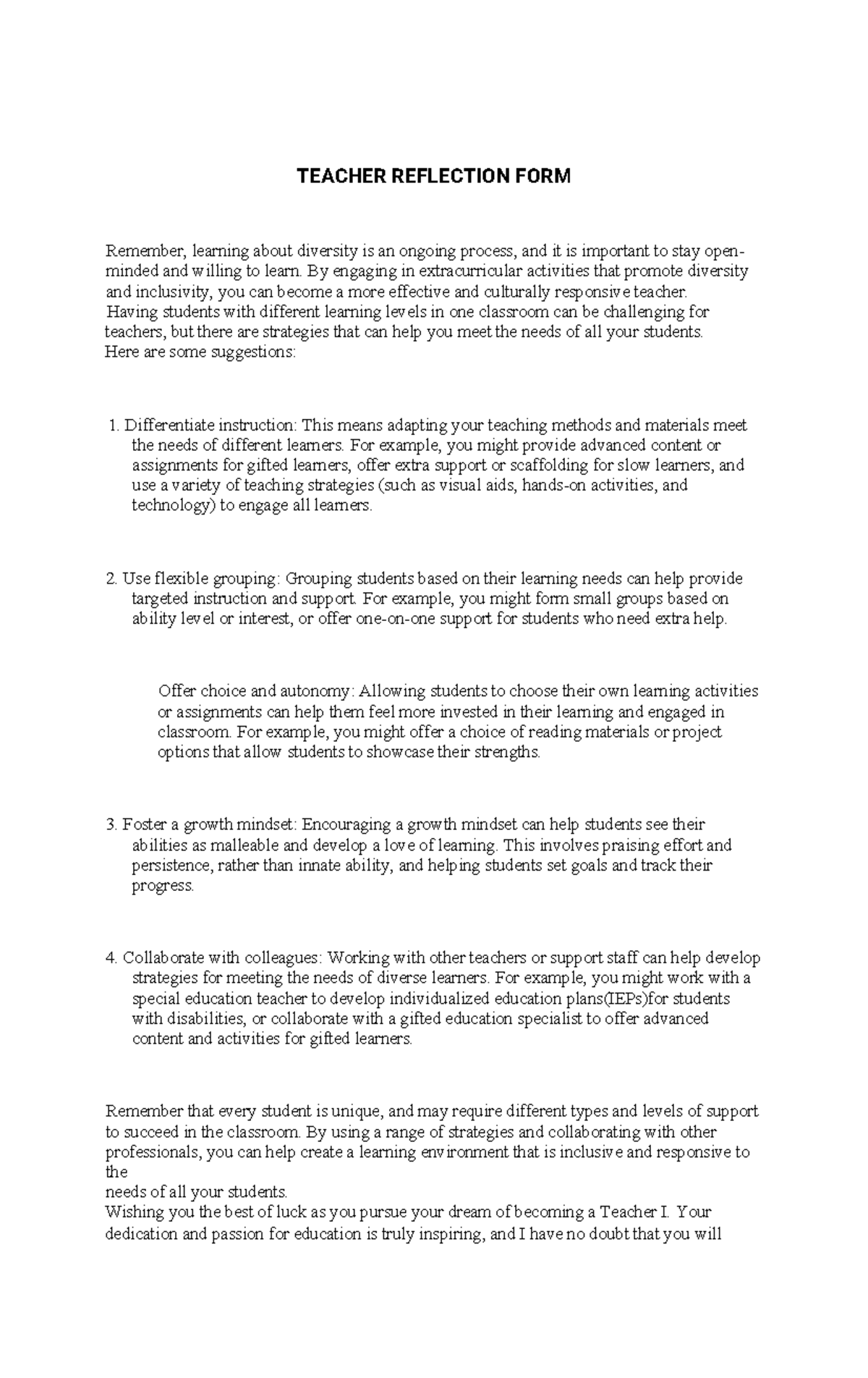 TRF 02 - TEACHER REFLECTION FORM Remember, learning about diversity is ...