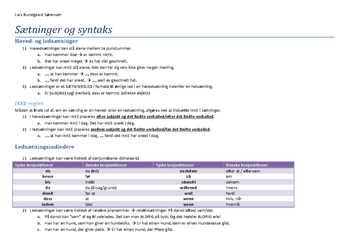 Sætninger - noter - Lars Bundgaard Sørensen Sætninger og syntaks Hoved- og ledsætninger - Studocu