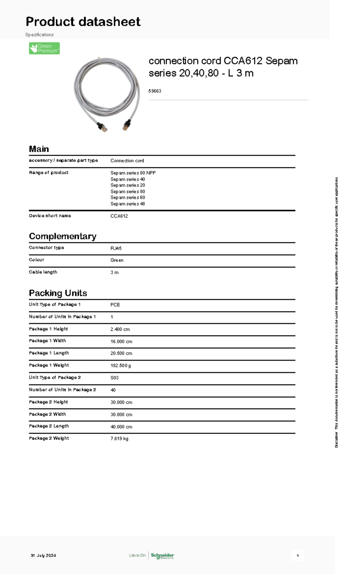 Schneider Electric Sepam-series- connection cord CCA612 Sepam series 20 ...