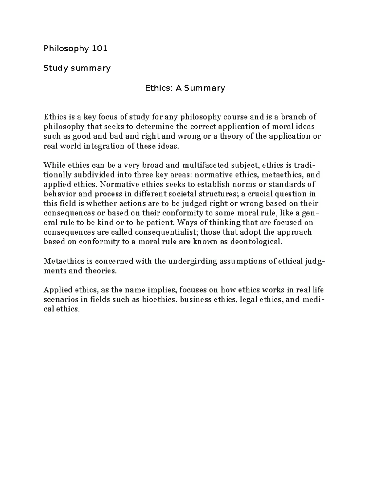 Philosophy - Summary - Ethics - Philosophy 101 Study summary Ethics: A ...