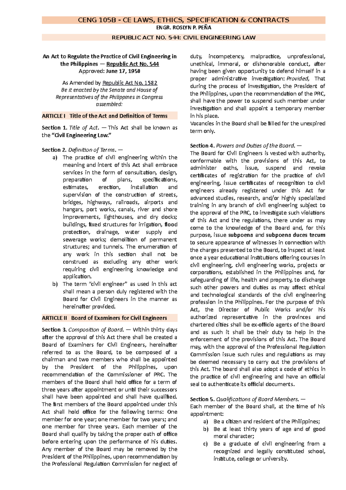 CE LAWS (CENG 105B) Reading Material #1 (RA 544) - CENG 105B - CE LAWS ...
