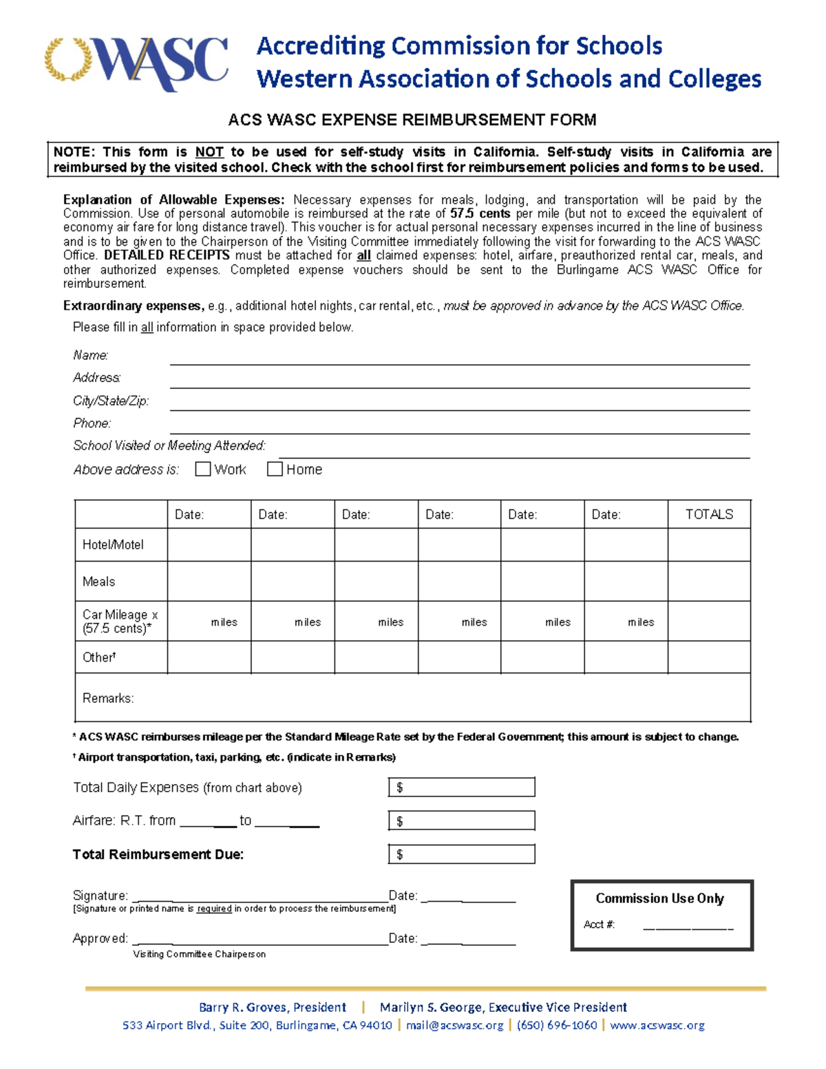 2020 ACS WASC Reimbursement Form - ACS WASC EXPENSE REIMBURSEMENT FORM ...