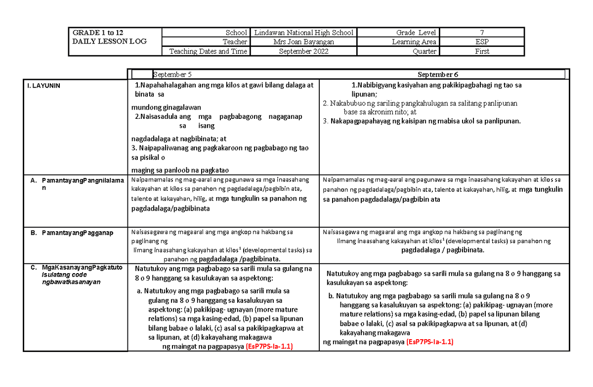 Grade 7 dll august 30=sept 2 - GRADE 1 to 12 DAILY LESSON LOG School ...