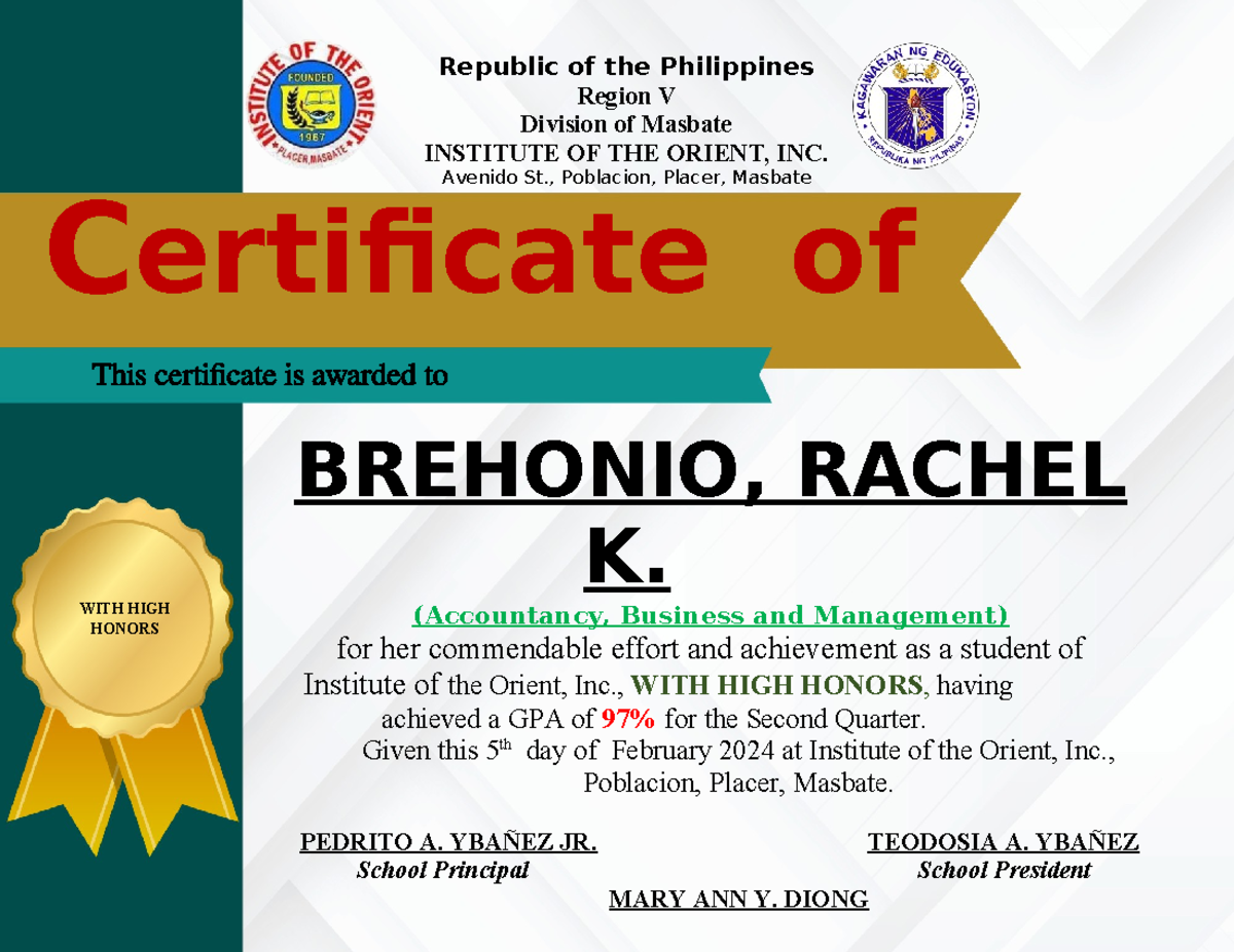 Certificate of recognition - Republic of the Philippines Region V ...