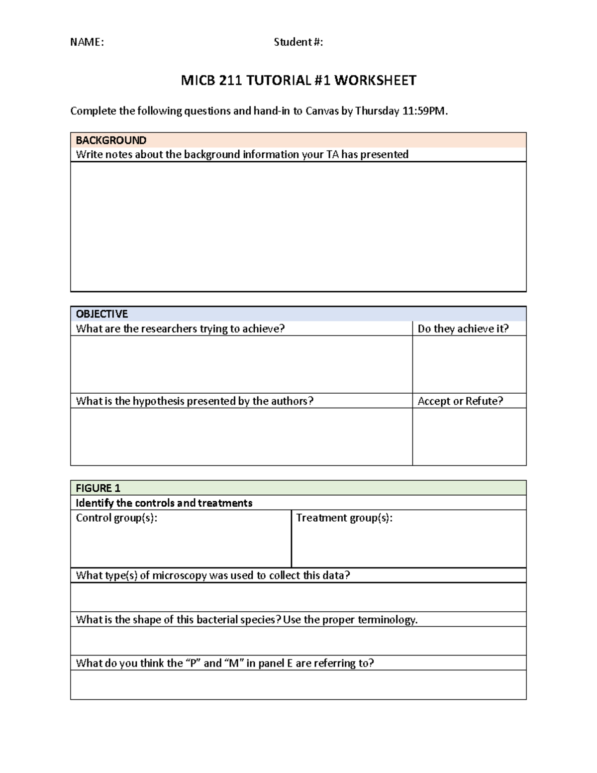 MICB211 Tutorial 1 Worksheet - NAME: Student #: MICB 211 TUTORIAL #1 ...