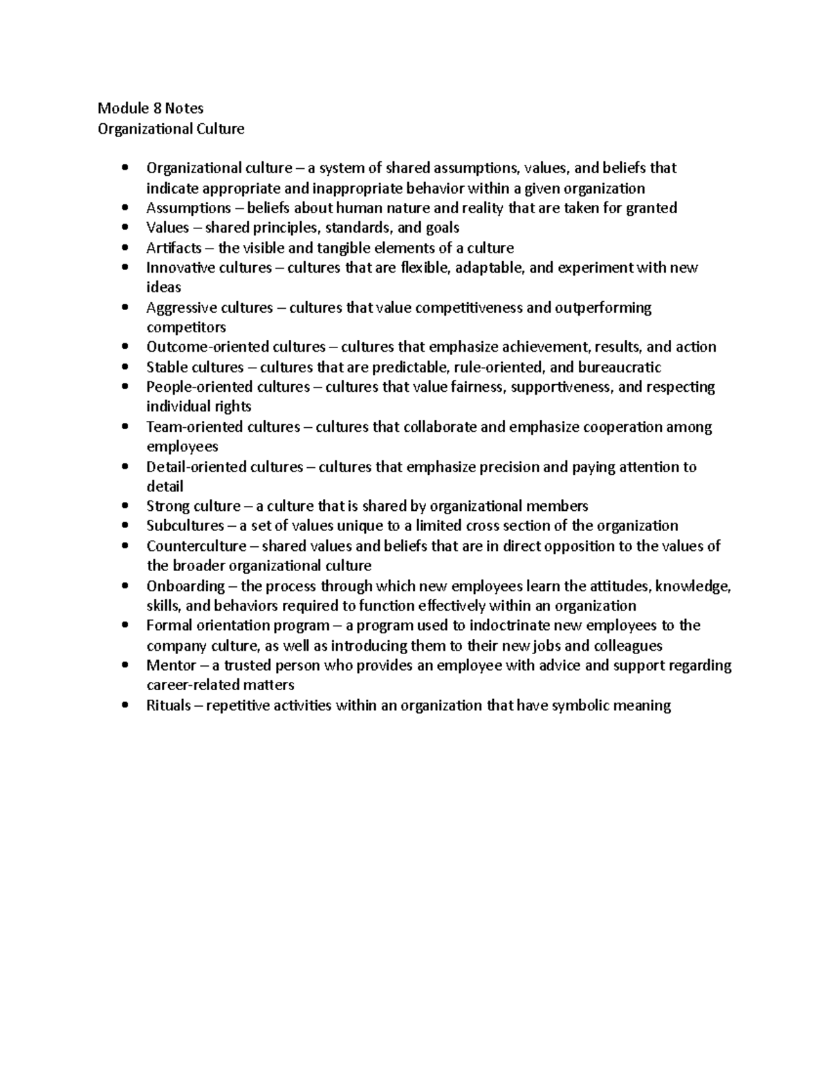 Module 8 Notes - Module 8 Notes Organizational Culture Organizational ...