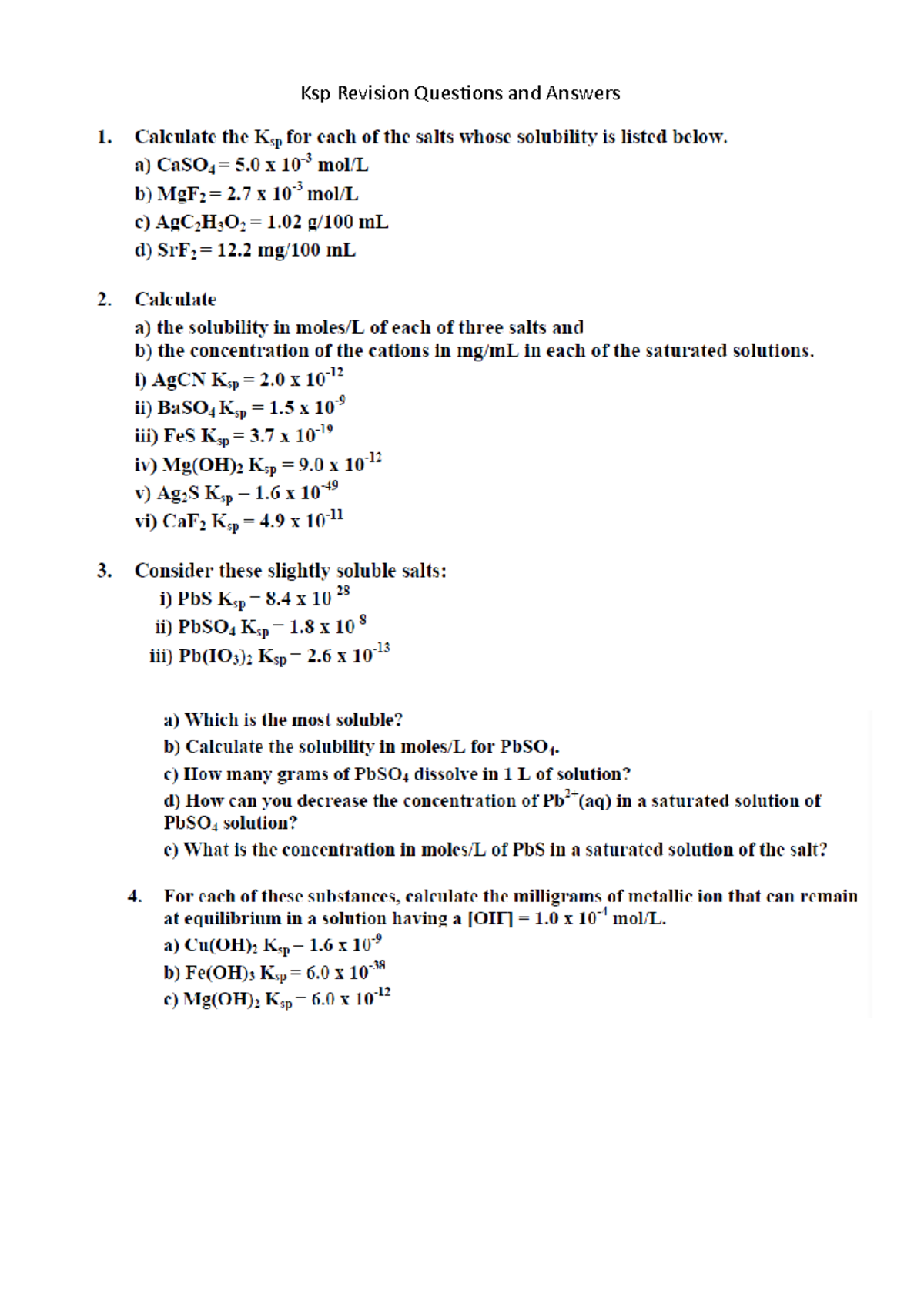 Ksp 2 - Ksp and eqi - Ksp Revision Questions and Answers SOLUTIONS ...