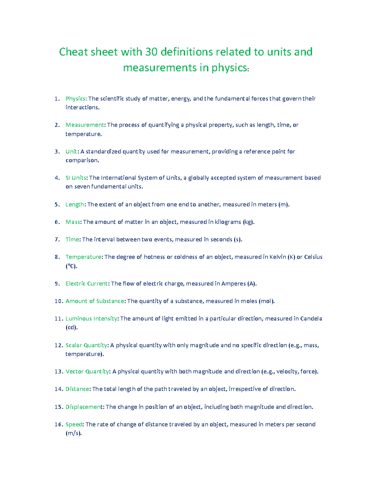 Phycs 150 30 definitions units and measurements in General physics Cheatsheet - Cheat sheet with ...