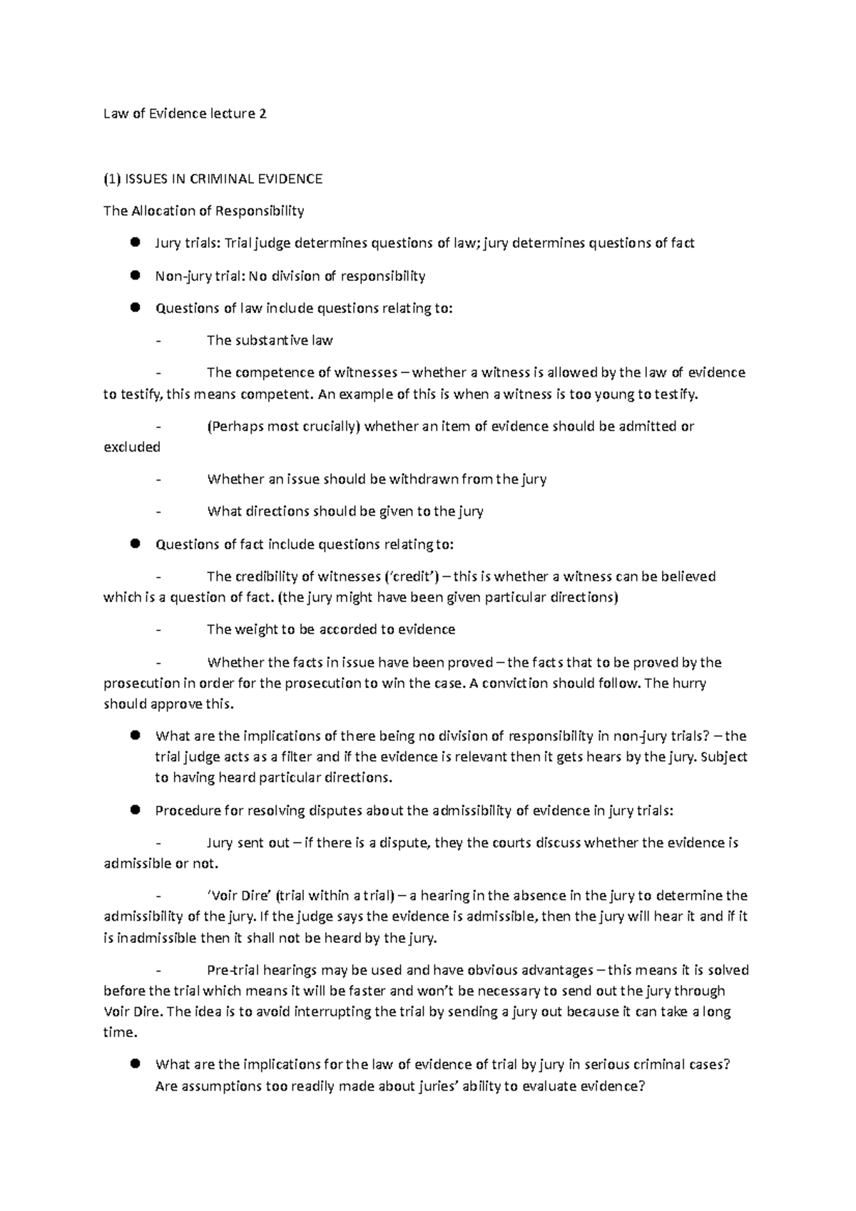 Evidence Law Lecture 2 Notes issues in criminal evidence - Law of ...